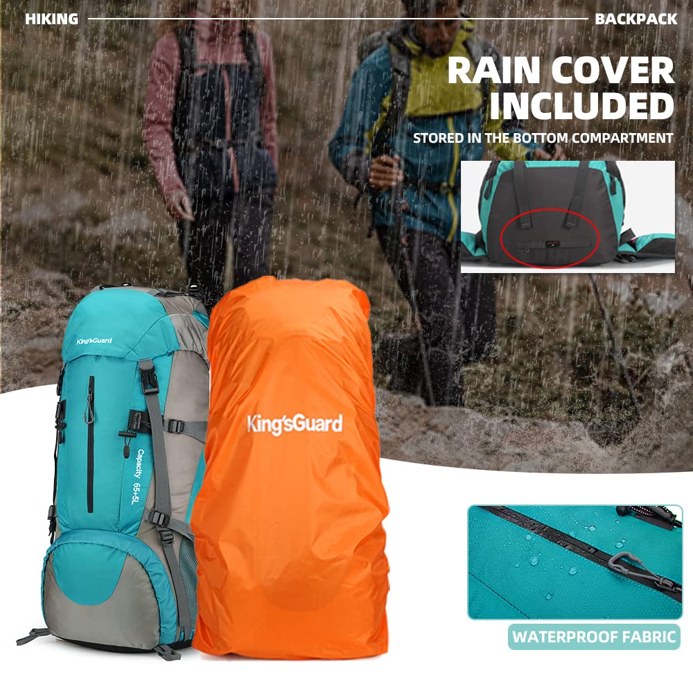 King'sGuard 70L Hiking Backpack Large Lightweight Waterproof Camping Backpack Travel Backpacking Backpack Daypack with Rain Cover -Frameless (Lake Blue)