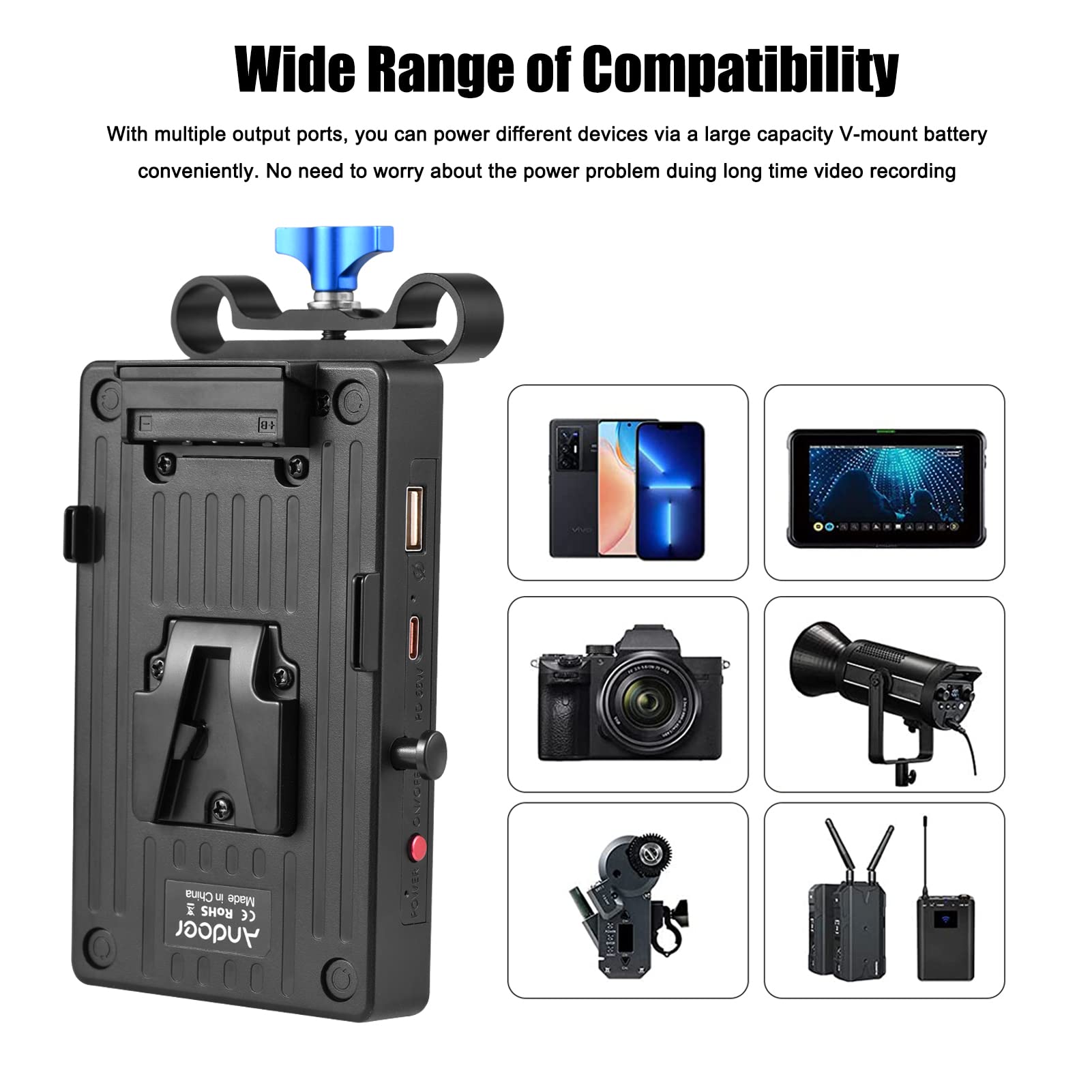dsfen V Mount Battery Plate V Lock Battery Adapter Plate 65W PD Fast Charging with 15mm Rod Clamp Adjustable Arm 8V/12V/15V DC Outputs Output Accessories Replacement for Sony DSLR Camera
