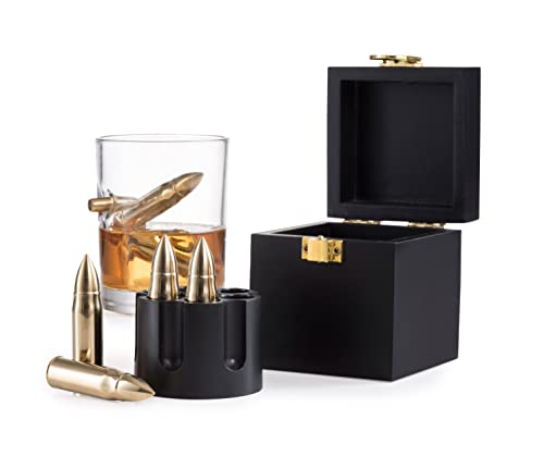 Whisksey Stones Gift Set - Set of 6 Gold Chilling Stones - Rocks Ice Cubes - Beautiful Military Wooden Gift Box for Men, Christmas Stocking Stuffers for Dad