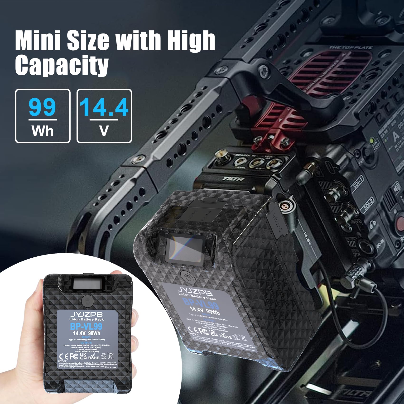 JYJZPB V Mount Battery, Mini V Lock Battery Upgraded 99Wh 14.8V 6800mAh with D-Tap/USB-A/BP Output&LCD Display, Small Portable VMount Battery for Camera Camcorder Broadcast BMPCC, Dtap-Mini-Battery