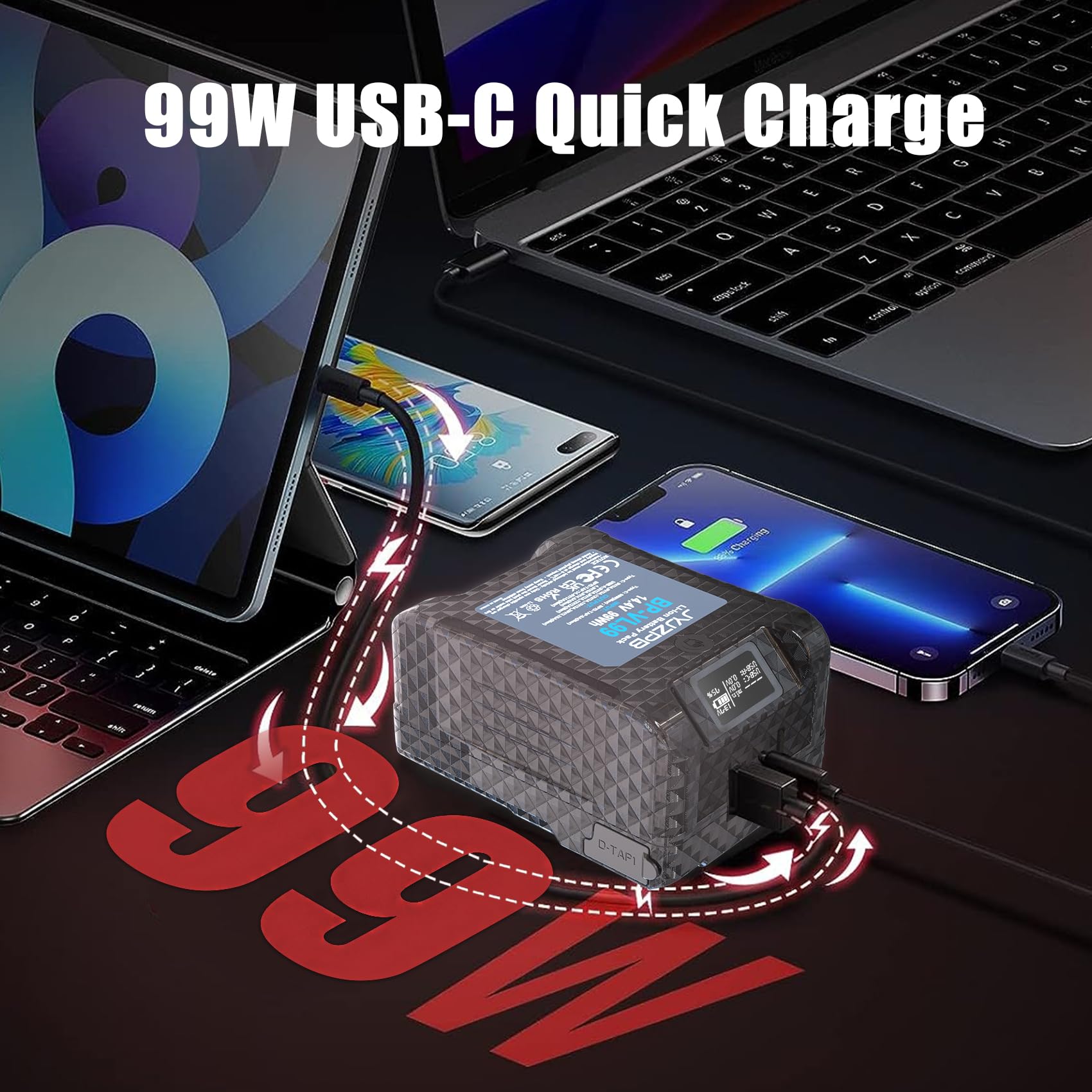 JYJZPB V Mount Battery, Mini V Lock Battery Upgraded 99Wh 14.8V 6800mAh with D-Tap/USB-A/BP Output&LCD Display, Small Portable VMount Battery for Camera Camcorder Broadcast BMPCC, Dtap-Mini-Battery