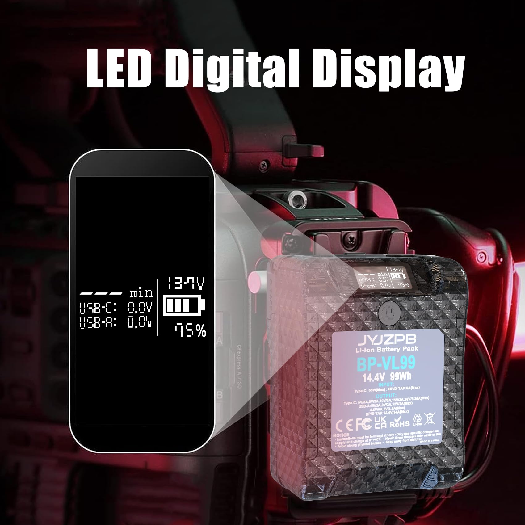JYJZPB V Mount Battery, Mini V Lock Battery Upgraded 99Wh 14.8V 6800mAh with D-Tap/USB-A/BP Output&LCD Display, Small Portable VMount Battery for Camera Camcorder Broadcast BMPCC, Dtap-Mini-Battery