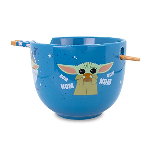 Star Wars: The Mandalorian Grogu"Nom Nom" Japanese Ceramic Dinnerware Set | Includes 20-Ounce Ramen Noodle Bowl and Wooden Chopsticks | Asian Food Dish Set For Home & Kitchen | Cute Baby Yoda Gifts