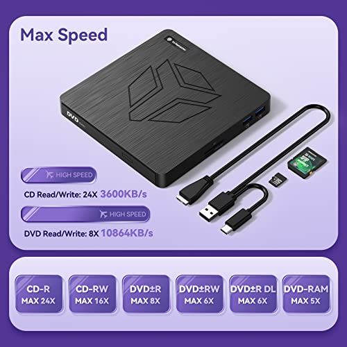Yottamaster External CD/DVD Drive USB 3.0 CD Burner with SD/TF Card Reader and 2 USB-A Ports, Portable CD/DVD +/-RW Drive/DVD Player for Laptop Desktop PC [P-CD06]