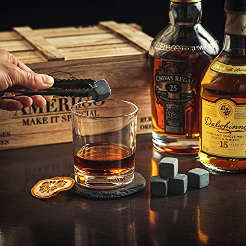 πππ¦π§ ππππ§: Gifts for Men Dad - Whiskey Glasses Set of 2 - Crystal Rocks Glass with 6 Stainless Steel Chilling Stones - Bourbon Glasses Gift Set - Old Fashioned Lowball Heavy Scotch Glasses