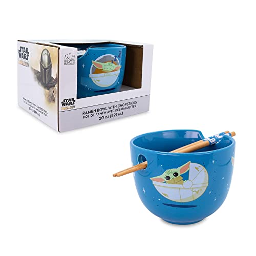 Star Wars: The Mandalorian Grogu"Nom Nom" Japanese Ceramic Dinnerware Set | Includes 20-Ounce Ramen Noodle Bowl and Wooden Chopsticks | Asian Food Dish Set For Home & Kitchen | Cute Baby Yoda Gifts