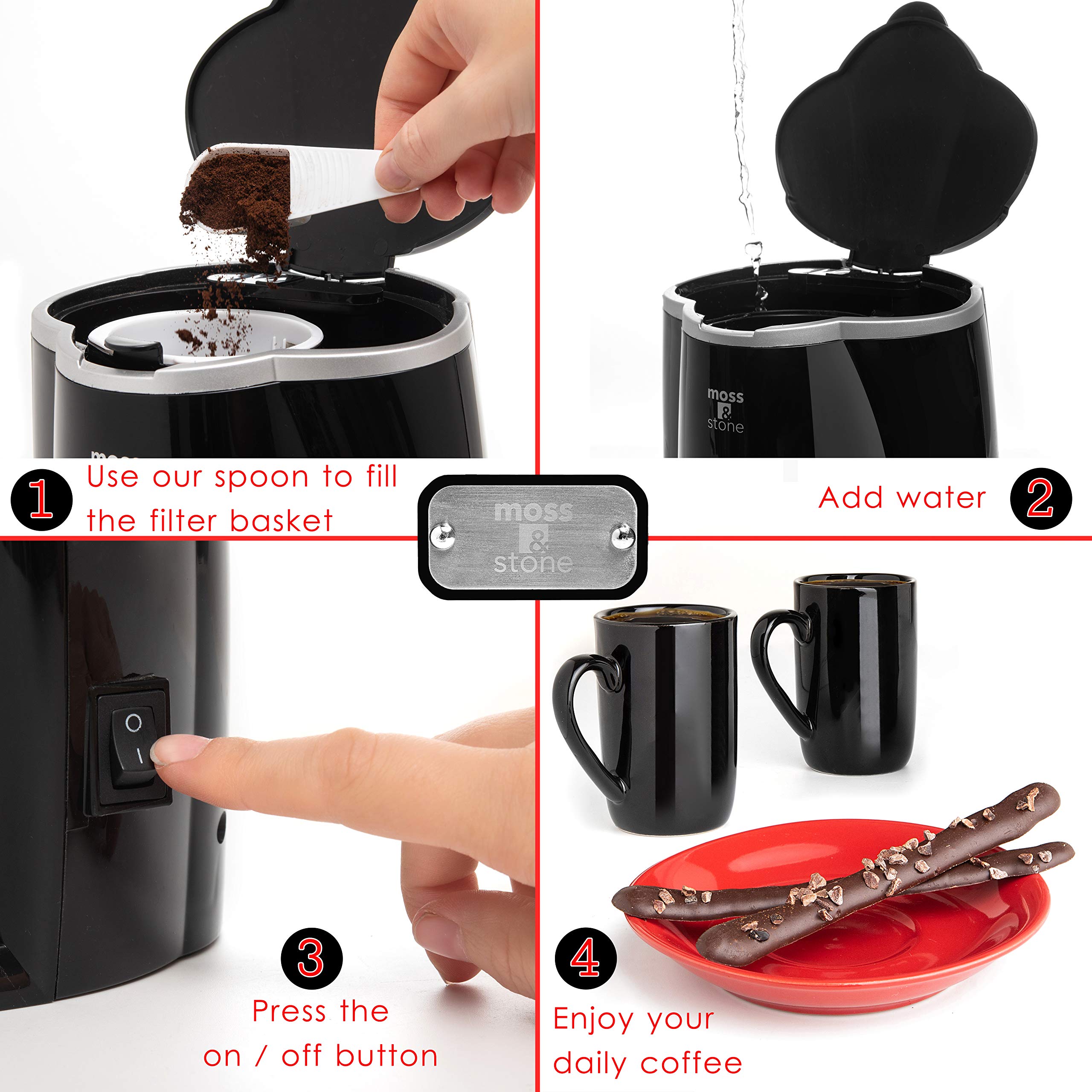 Moss & Stone Mini Drip Coffee Maker with Mug (5 oz Mugs), Small Coffee Pot With 2 Coffee Cups, Mini Coffee Maker (2 Drip & 2 Mug)