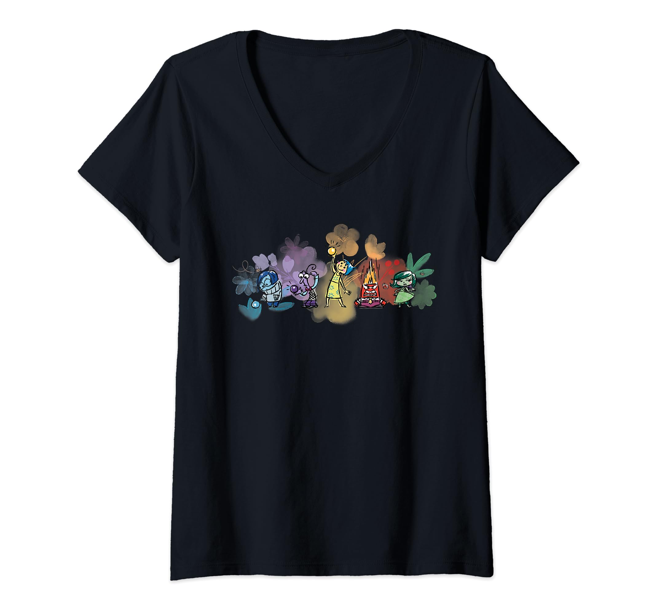 Womens Disney and Pixar’s Inside Out Emotions Watercolor Flowers V-Neck T-Shirt