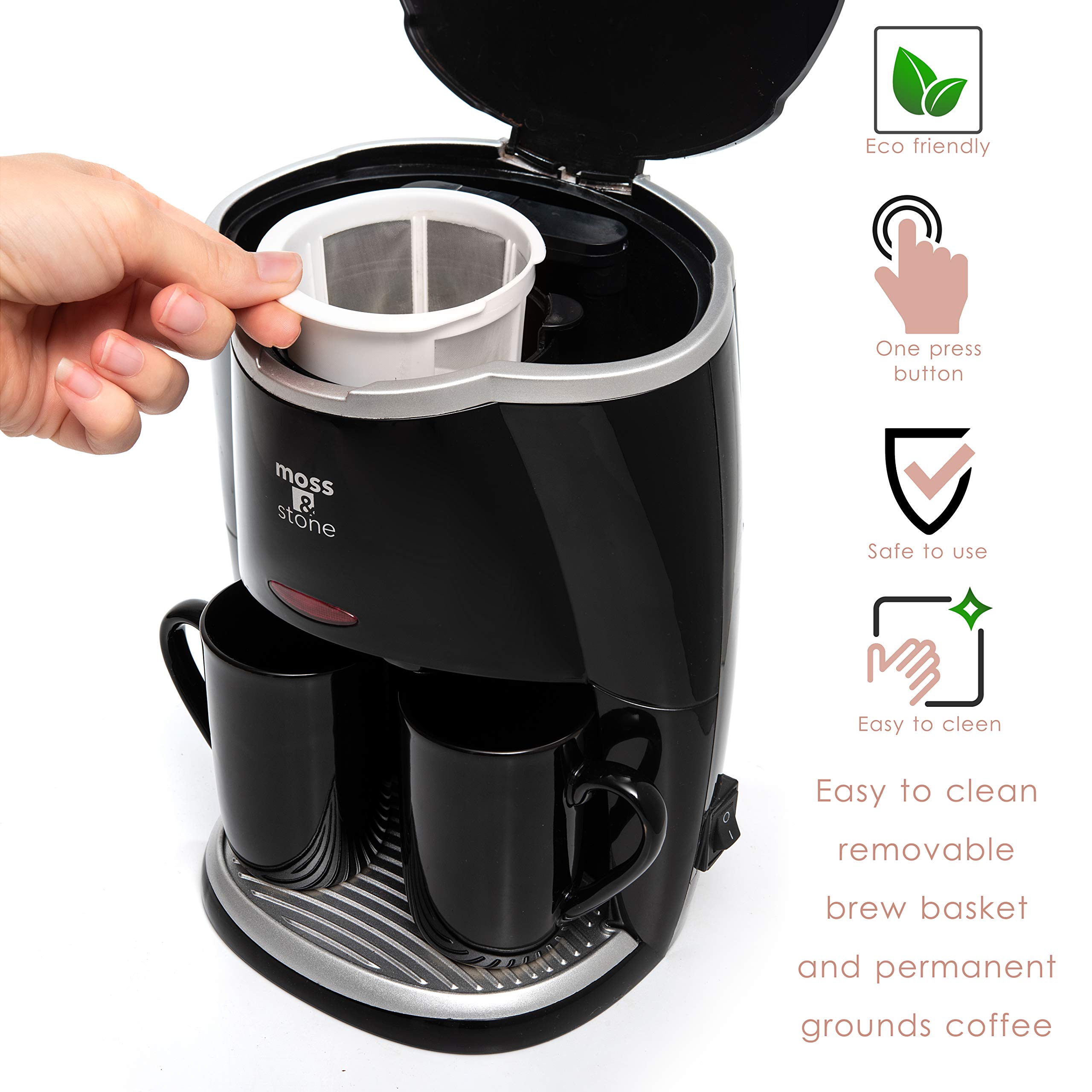 Moss & Stone Mini Drip Coffee Maker with Mug (5 oz Mugs), Small Coffee Pot With 2 Coffee Cups, Mini Coffee Maker (2 Drip & 2 Mug)