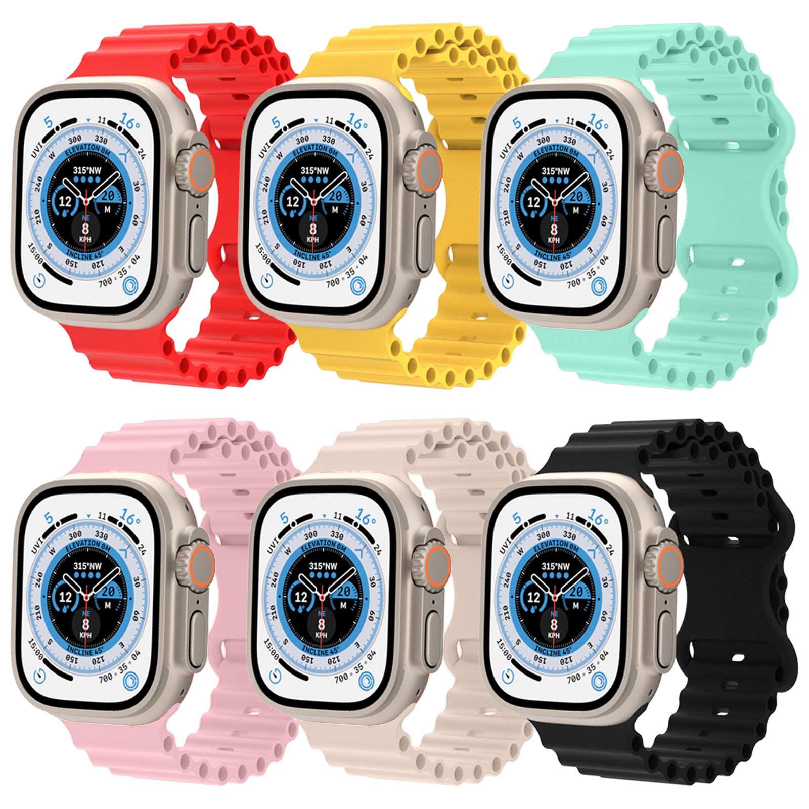 6 Packs Ocean Band Compatible with Apple Watch Ultra Band 49mm 46mm 45mm 44mm 42mm 41mm 40mm 38mm for women Men,Soft Waterproof Silicone Sport Strap for iWatch Bands Series Ultra 10 9 8 7 6 5 4 3 2 1 SE