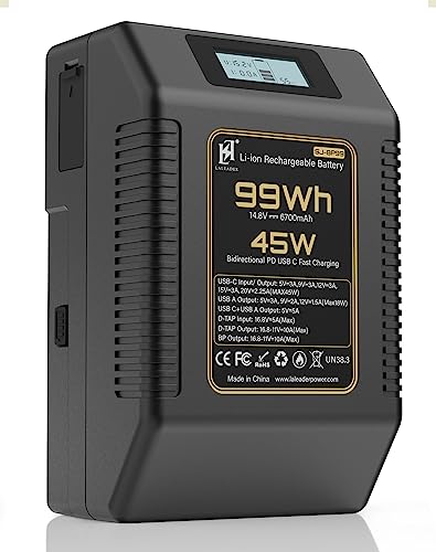 LL LALEADER V Mount Battery 99Wh 6700mAh 14.8V V-Lock Rechargeable Battery 45W PD USB C Fast Charging with BP D-TAP USB-A Multi Outputs for Camera Camcorder Monitor Video Light (99Wh)