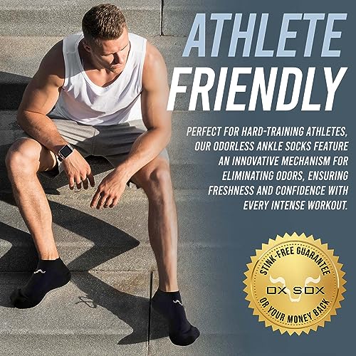 OX SOX Odorless Cotton Ankle Socks - Moisture-Wicking & Airy Comfort with Advanced Odor Control Technology - Breathable Athletic Footwear, Anti Odor & Anti-Sweat Socks for Men - 3 pairs (Black)
