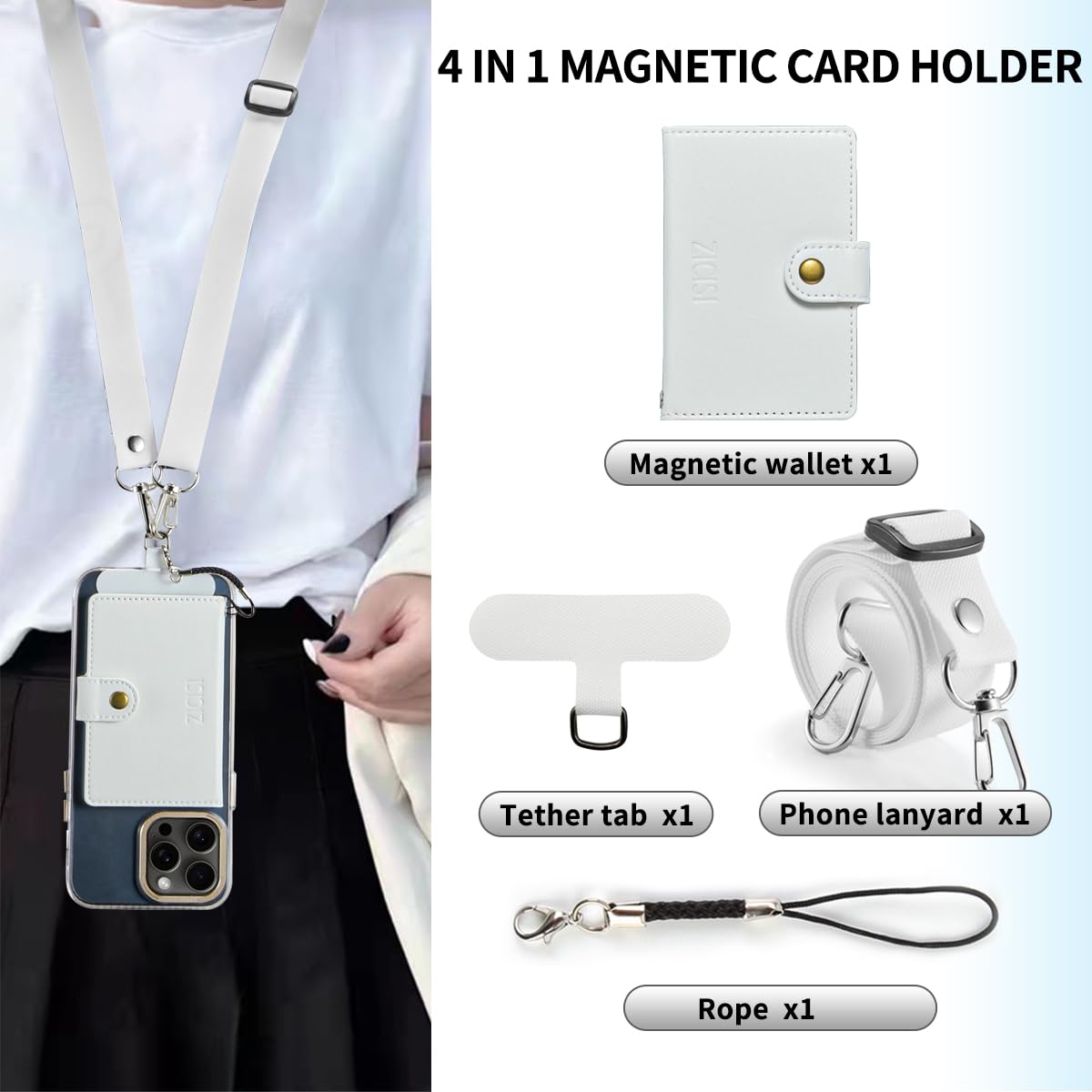 ZICISI Magnetic Credit Card Holder,Compatible with Magsafe Wallet Apple for iPhone 16 15 14 13 12 pro max/Mini/Plus,Anti-Loss & PU Leather & RFID Blocking,White