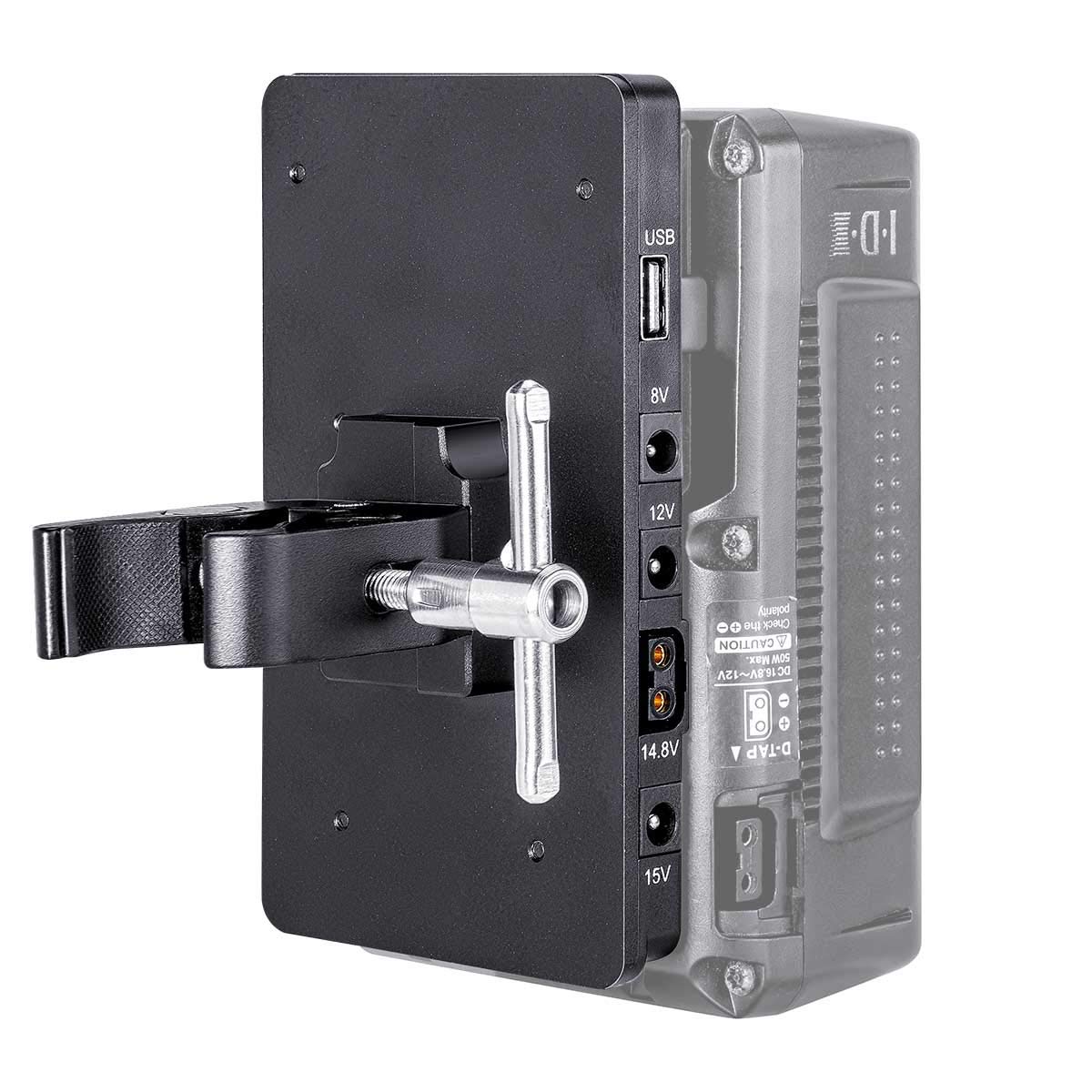 Fomito V-Lock V Mount Battery Adapter Plate with Super Clamp for Lighting Stand,Tripod, Support Rod, with D-TAP/DC/USB Power Output for Camcorder, DSLR Camera, LED Video Light, Monitor, Microphone