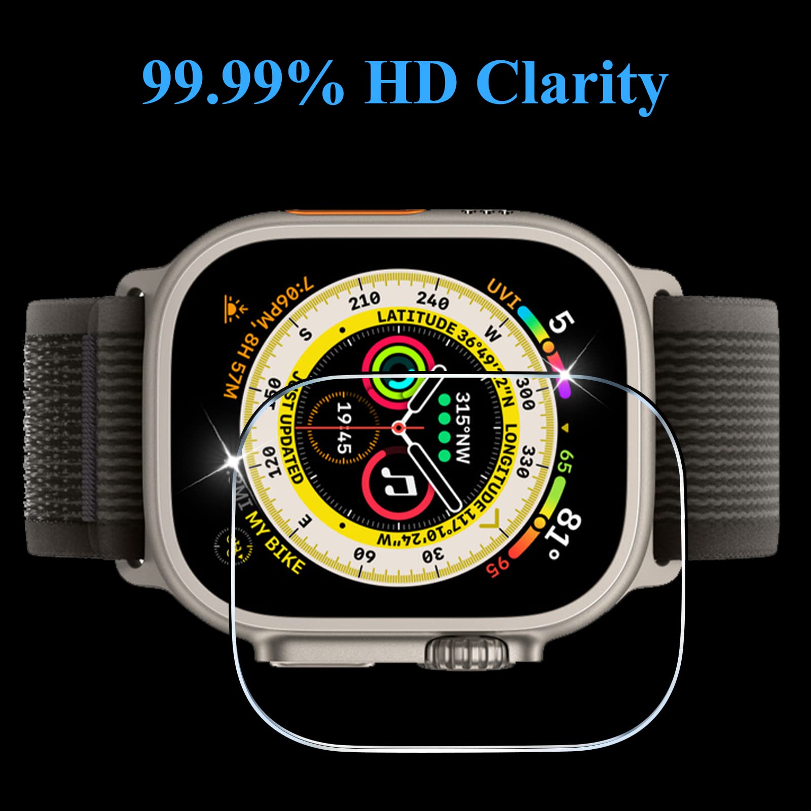 YMHML 4 Pack Compatible for Apple Watch Ultra 2 Screen Protector 49mm Tempered Glass, Waterproof HD Clear 9H Hardness Anti-Scratch Film