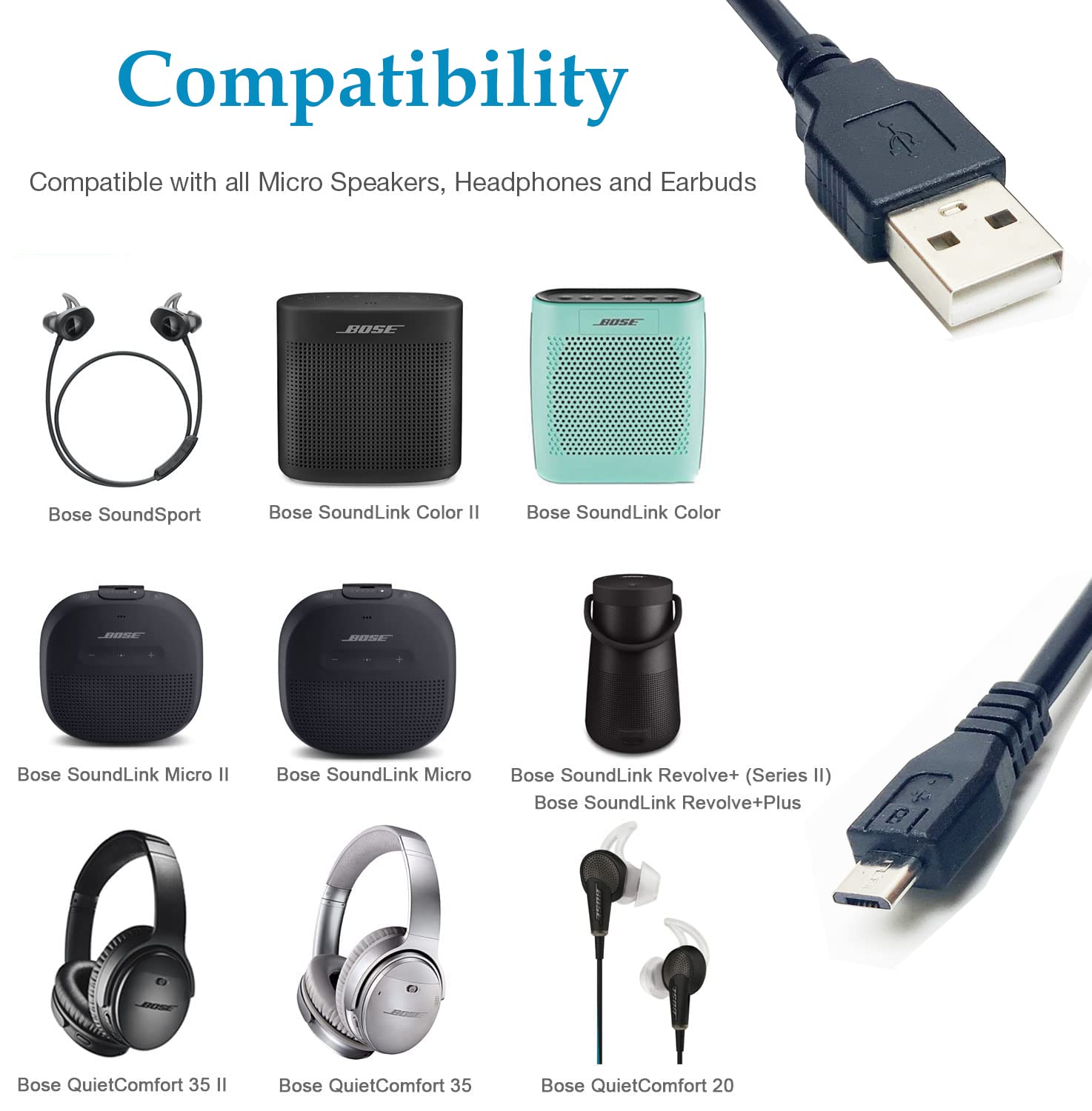 PUROSUR Micro-USB Cable for Bose SoundLink Color I/II/III, SoundLink Mini II 2 Revolve Plus Speaker, QuietComfort 35, SoundLink Headphones II AE2W Noise-Shielding Cable (5 Ft)