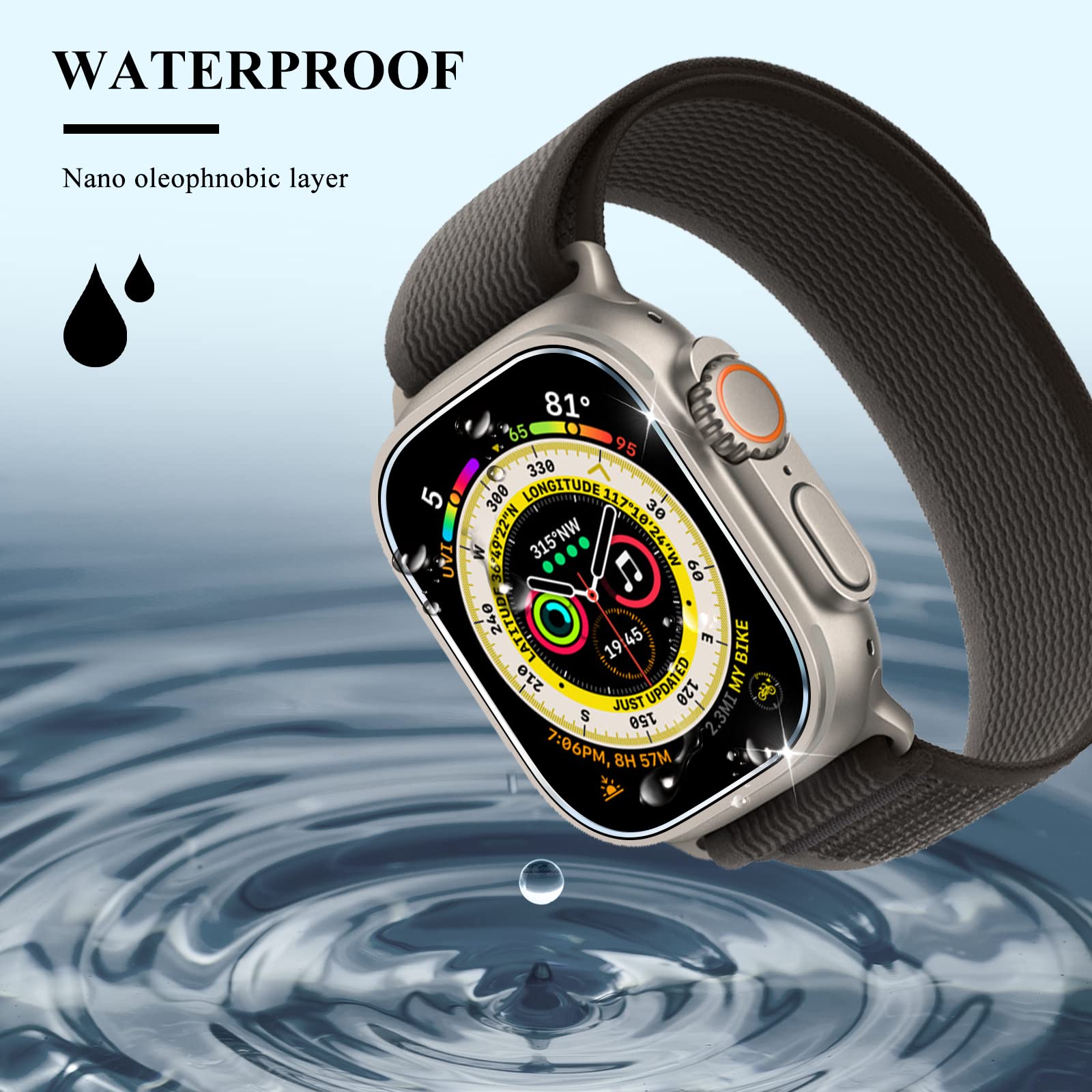 YMHML 4 Pack Compatible for Apple Watch Ultra 2 Screen Protector 49mm Tempered Glass, Waterproof HD Clear 9H Hardness Anti-Scratch Film