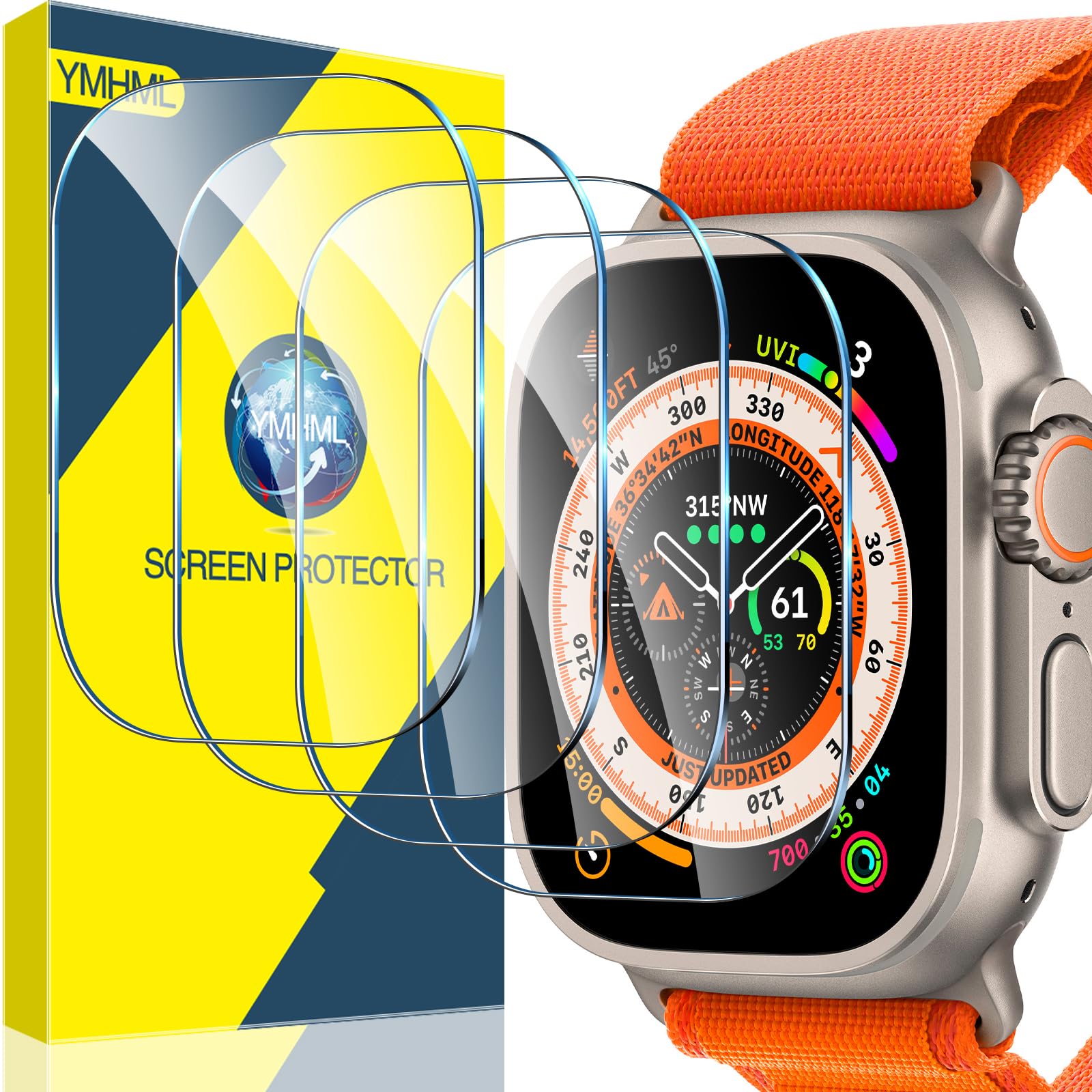 YMHML 4 Pack Compatible for Apple Watch Ultra 2 Screen Protector 49mm Tempered Glass, Waterproof HD Clear 9H Hardness Anti-Scratch Film