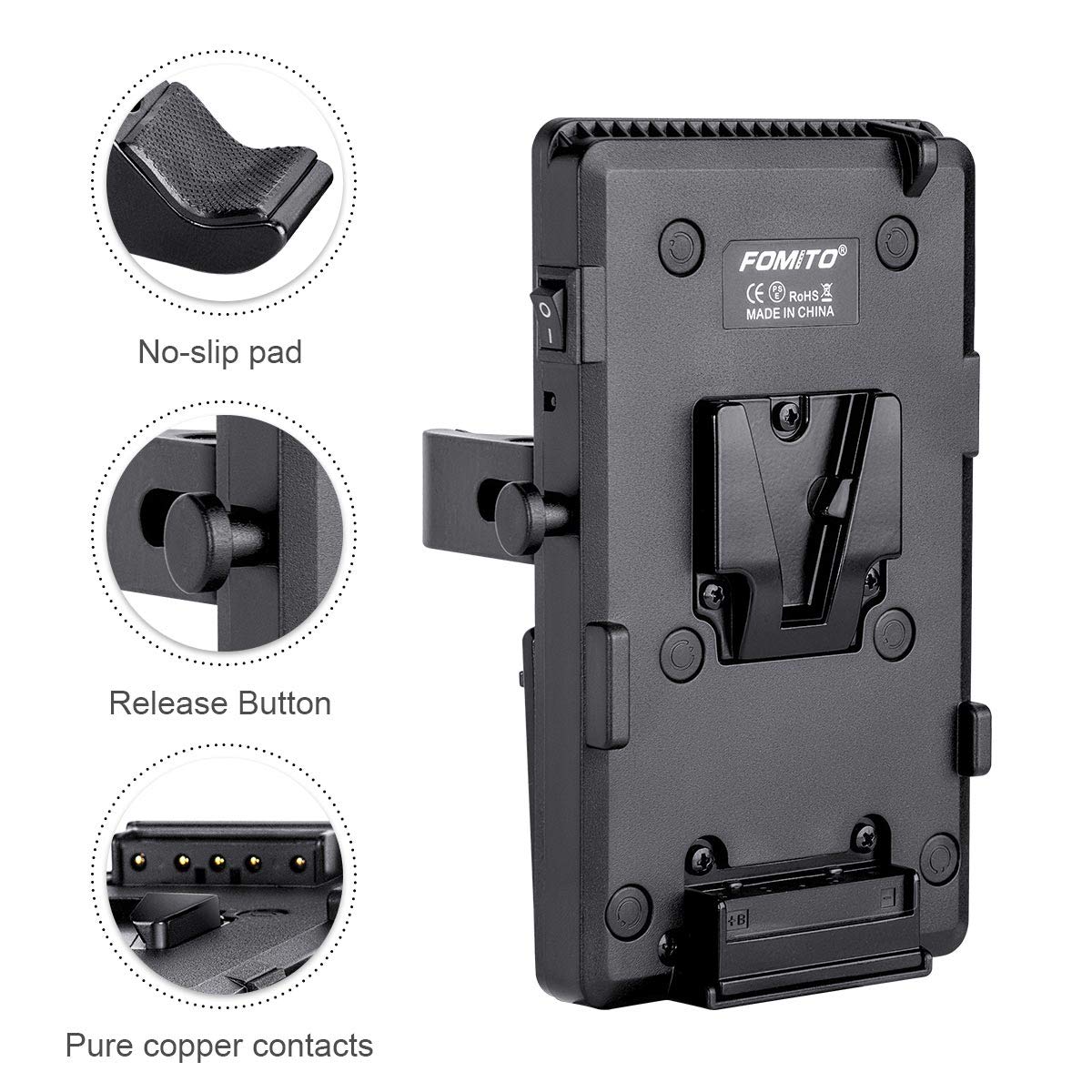Fomito V-Lock V Mount Battery Adapter Plate with Super Clamp for Lighting Stand,Tripod, Support Rod, with D-TAP/DC/USB Power Output for Camcorder, DSLR Camera, LED Video Light, Monitor, Microphone