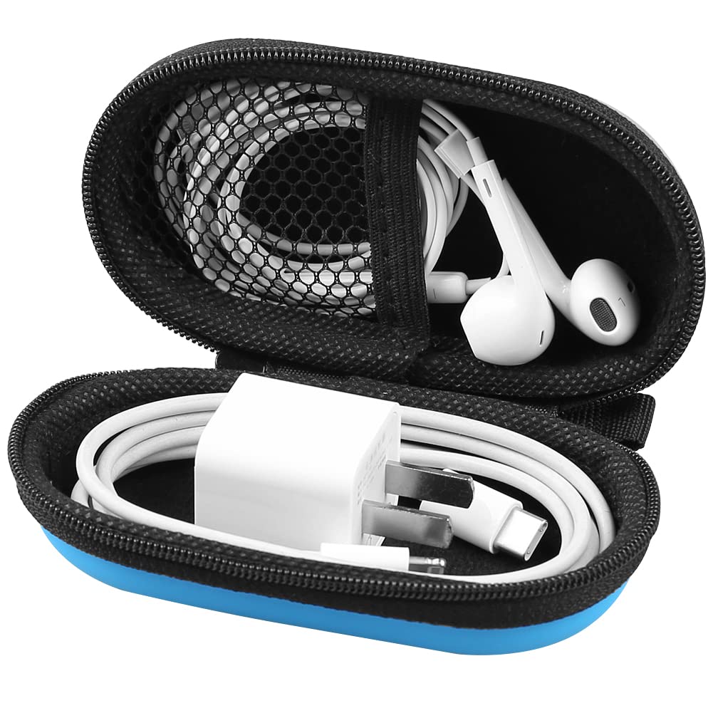 Earbud Case, RISETECH Earphone Carrying Case Holder EVA Headphone Storage Bag Small Zipper Pouch Compatible for EarPods, AirPods, Beats Flex, Urbeats3, Bose Wireless Earbuds, USB Cable, with Clip-Blue