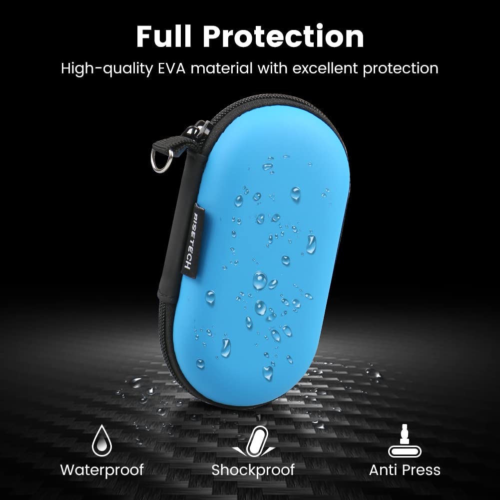 Earbud Case, RISETECH Earphone Carrying Case Holder EVA Headphone Storage Bag Small Zipper Pouch Compatible for EarPods, AirPods, Beats Flex, Urbeats3, Bose Wireless Earbuds, USB Cable, with Clip-Blue