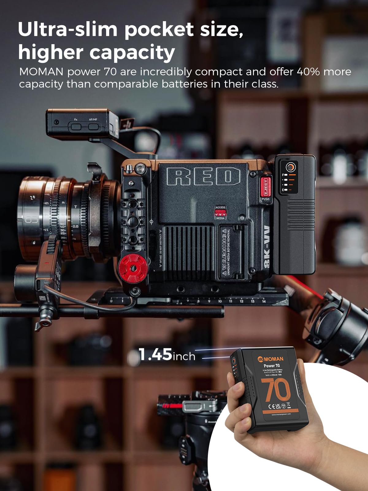 V Mount Battery, 70wh 4600mAh Moman Power 70 V-Lock Battery 14.4V with D-TAP USB-C Outputs for BMPCC 4k 6k Camcorders Cameras LED Lights, V-Mount-Battery-Dtap-Mini