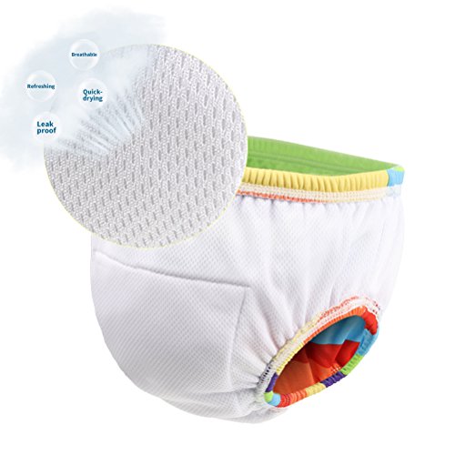 FreeSwimmingBaby Reusable Absorbent Swim Diaper Washable Striped Swim Trunks for Baby Boys and Girls (S, Rainbow)