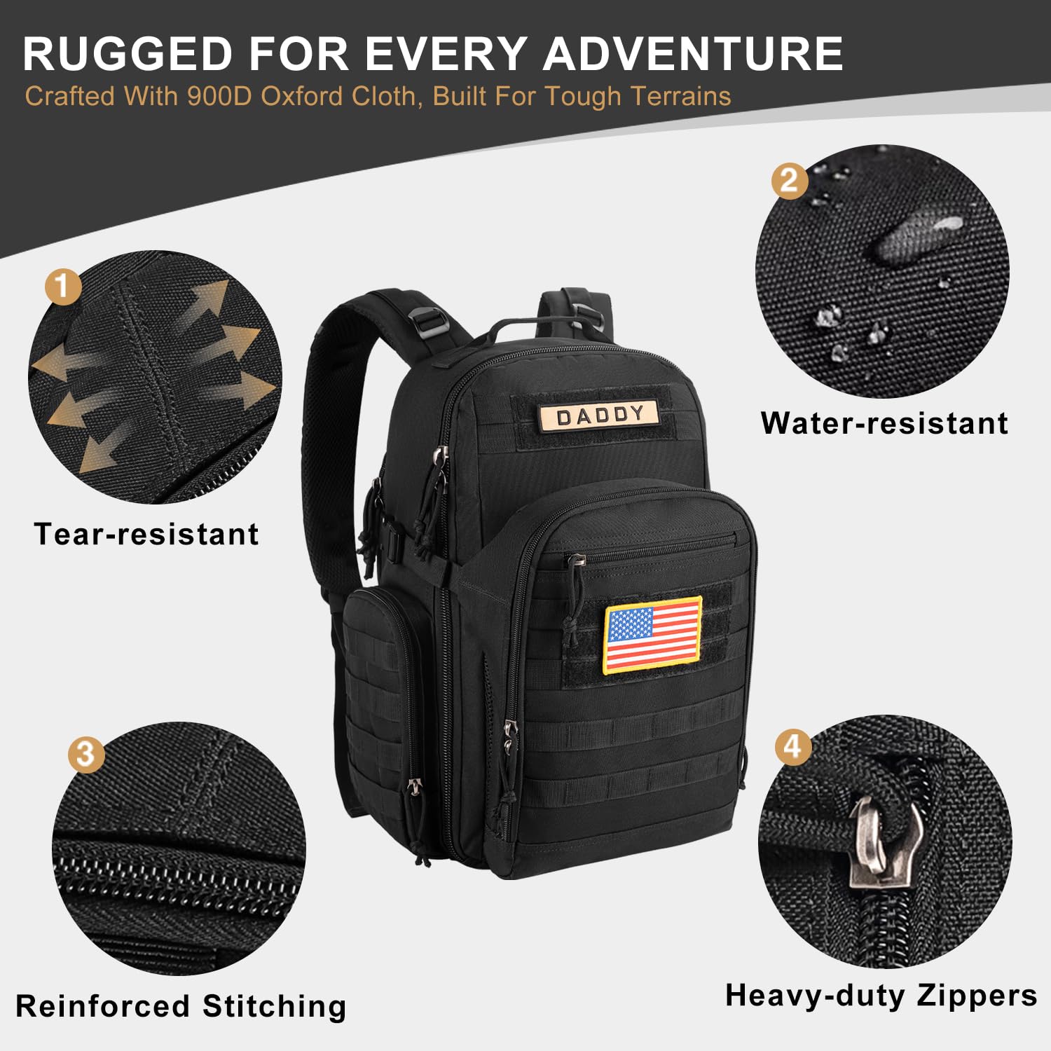 MIRACOL Military Diaper Bag for Men - Waterproof Multi-Pocket Organization Diaper Backpack for Travel Hiking Camping - Baby Gear for Active Dad Black