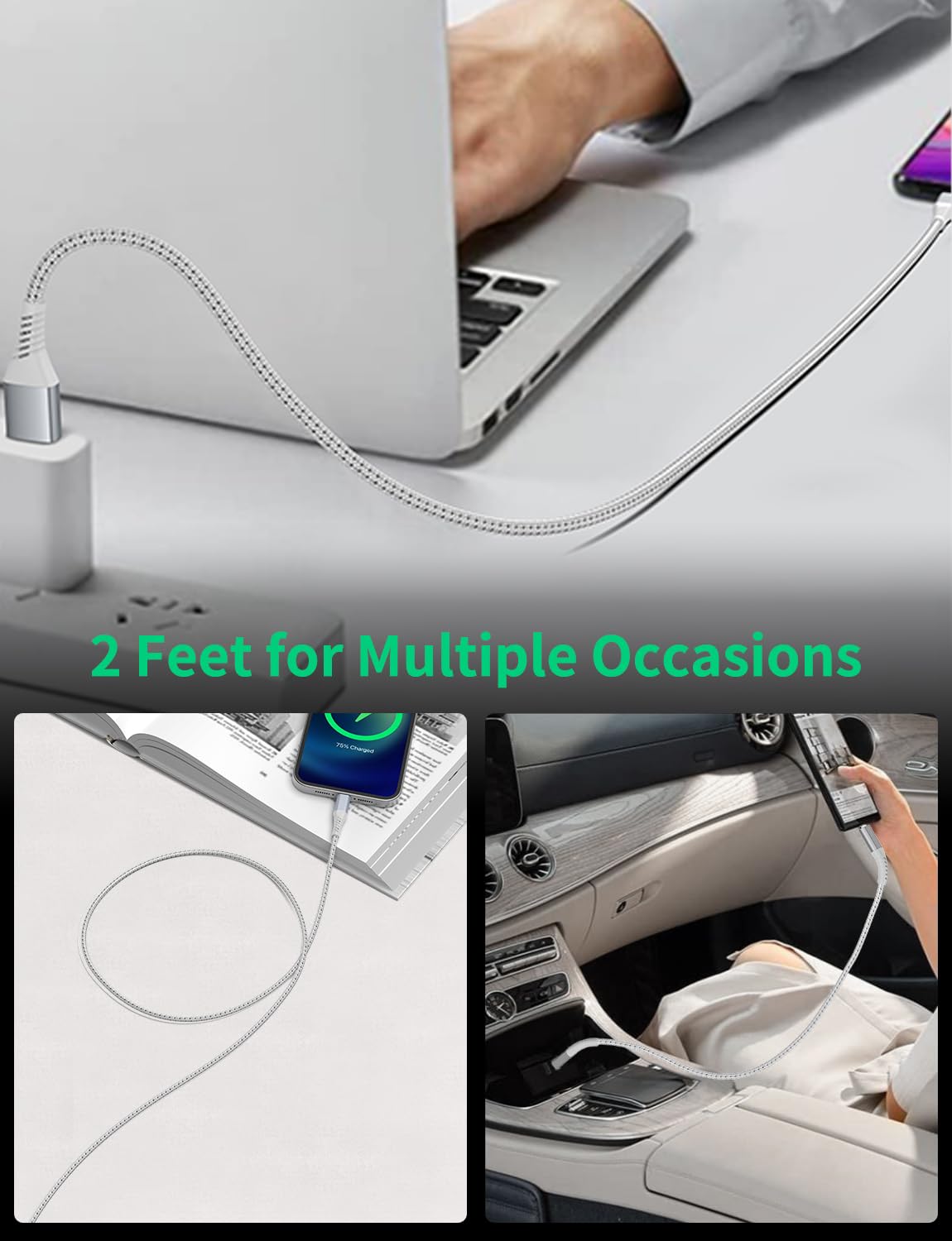 2 FT iPhone Charging Cable (3Pack, Braided) USB A to Lightning Cable 2FT iPhone Charger Cord for Car 2 Foot Short Lightning Cable for Apple iPhone 14 13 12 11 Pro Max Mini 10 8 7 Plus XR XS, AirPods