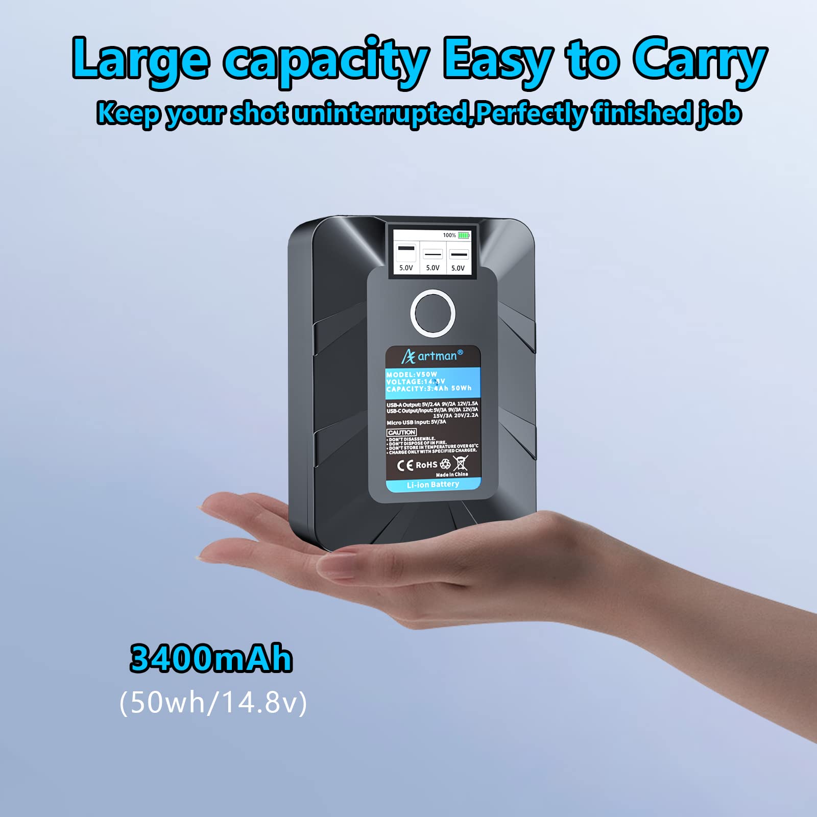Artman V Mount Battery,14.8V 3400mAh (50Wh) Mini V-Mount Battery with OLED Screen 45W PD USB-C Fast Charging D-TAP USB-A DC Ports, V Lock Battery for Cameras Camcorders Large LED Light Monitors