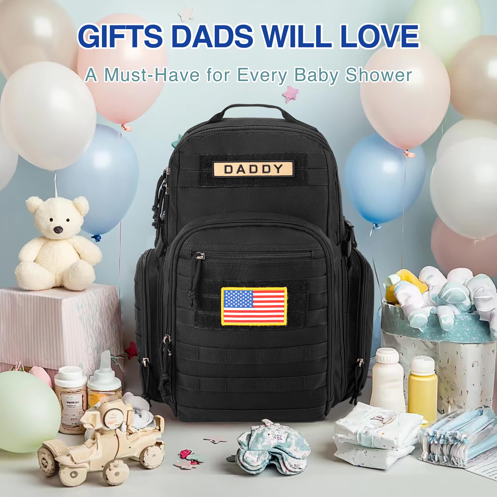 MIRACOL Military Diaper Bag for Men - Waterproof Multi-Pocket Organization Diaper Backpack for Travel Hiking Camping - Baby Gear for Active Dad Black