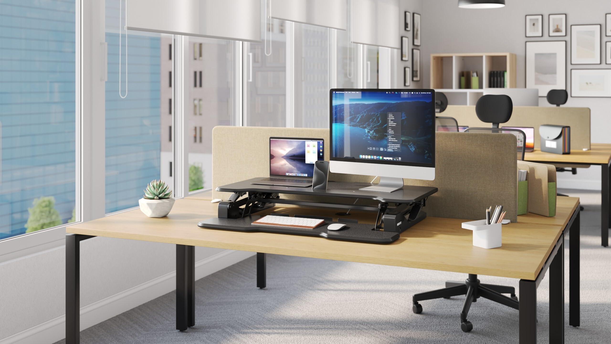 Mount-It! Height Adjustable Standing Desk Converter, 38” Wide, Stand Up Desk Riser for 2 Monitors, Manual Gas Spring Desktop Raises to 16.9", Fits Two Monitor Screens with Keyboard Mouse Tray in Black