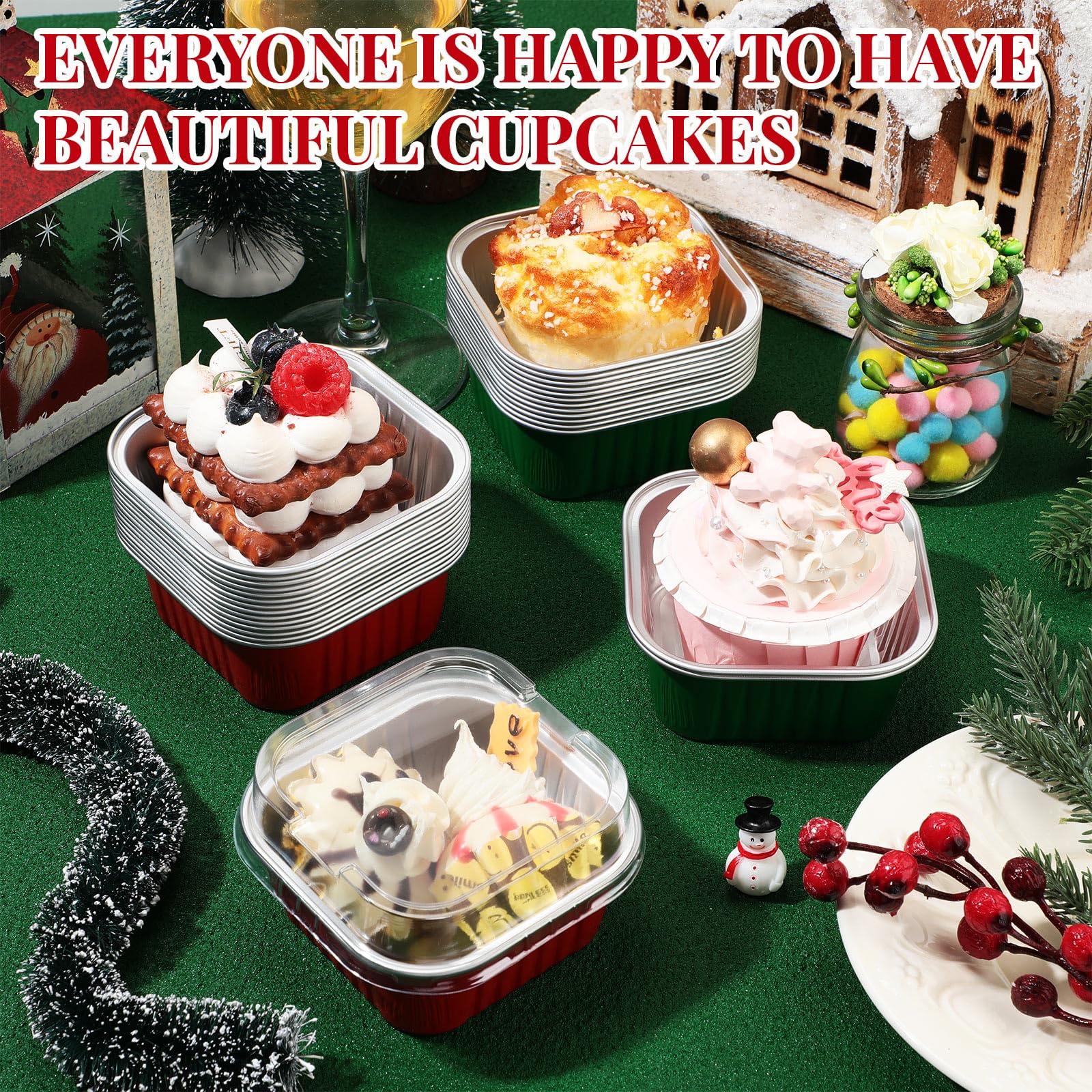 Suttmin 100 Pcs Christmas Aluminum Cups Foil Cupcake Container with Lids 5 oz Xmas Square Foil Pan Holder Mini Disposable Ramekins Cake for Xmas Party(Red, Green, Plain)
