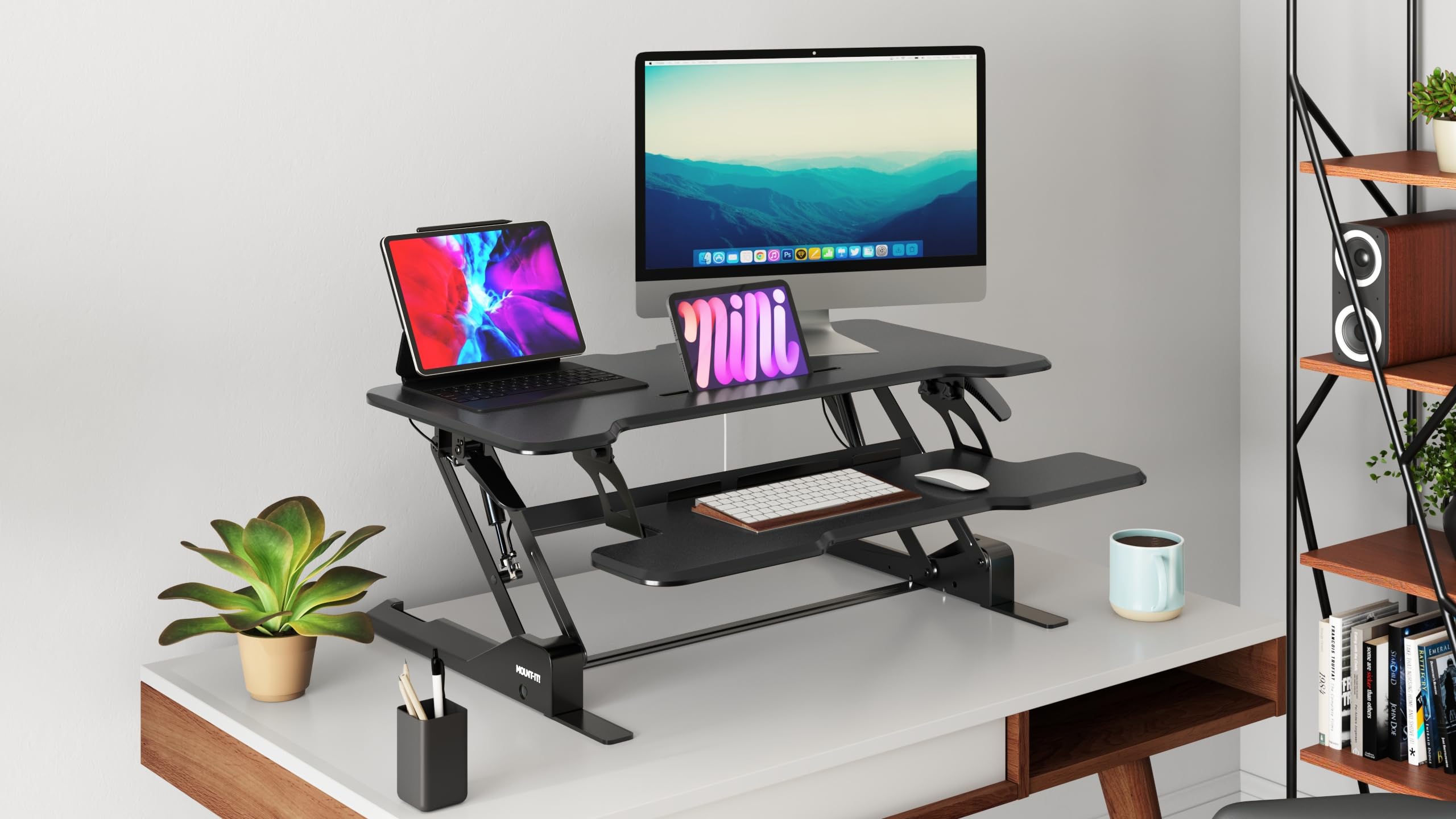 Mount-It! Height Adjustable Standing Desk Converter, 38” Wide, Stand Up Desk Riser for 2 Monitors, Manual Gas Spring Desktop Raises to 16.9", Fits Two Monitor Screens with Keyboard Mouse Tray in Black