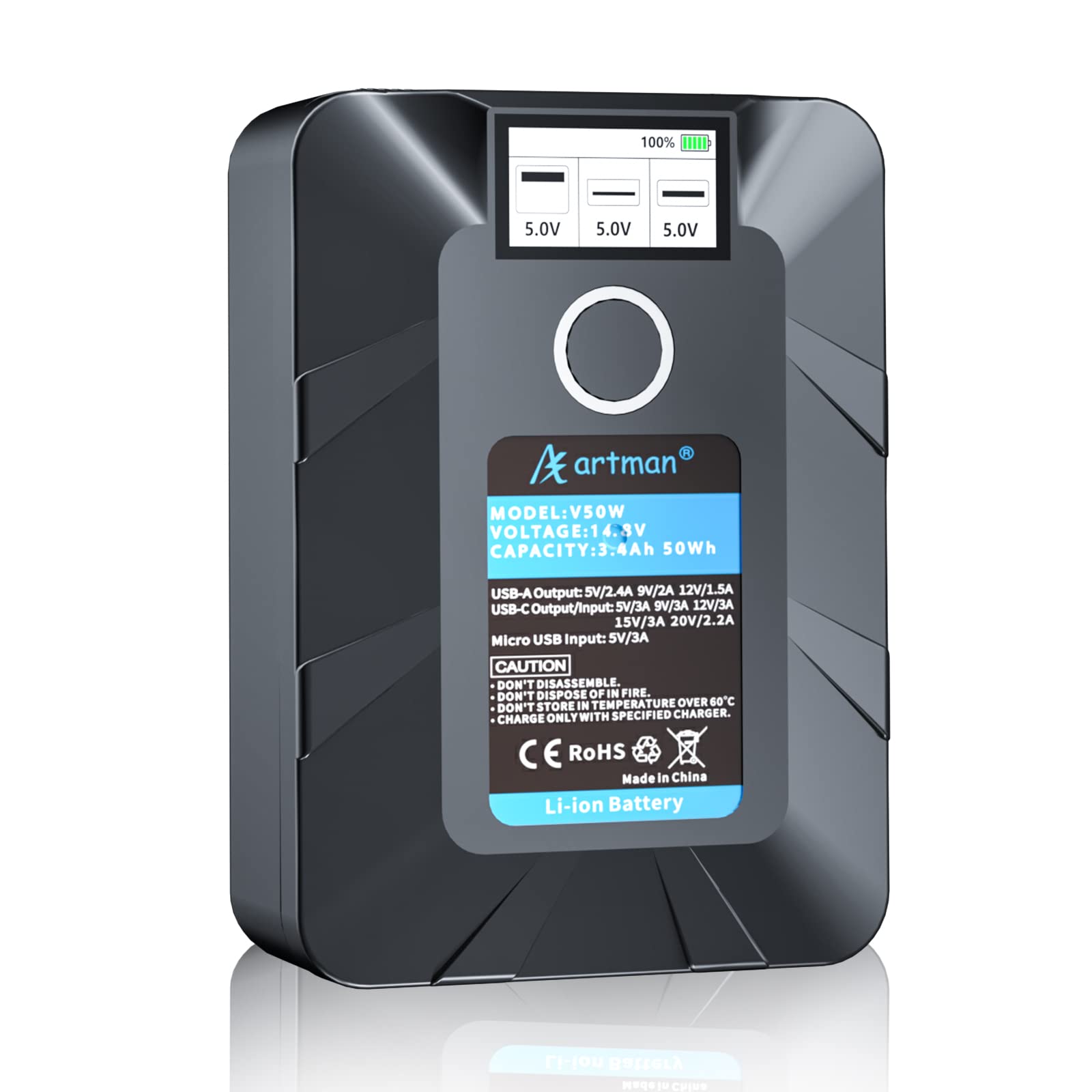Artman V Mount Battery,14.8V 3400mAh (50Wh) Mini V-Mount Battery with OLED Screen 45W PD USB-C Fast Charging D-TAP USB-A DC Ports, V Lock Battery for Cameras Camcorders Large LED Light Monitors