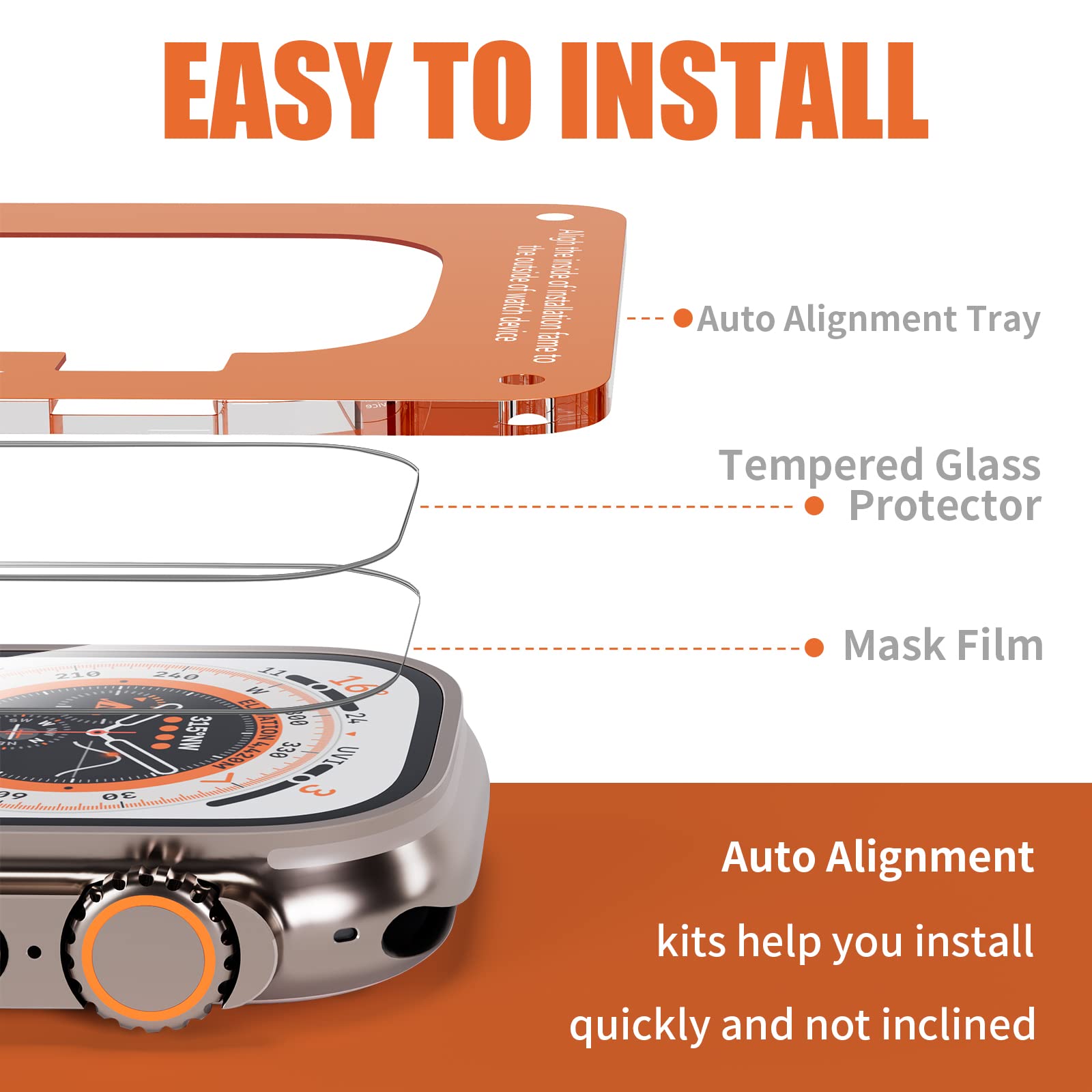 Smiling 3 Pack Tempered Glass Screen Protector with Auto-alignment Installation Frame Compatible with Apple Watch Ultra 2 (2024,2023)/Ultra 49mm, Waterproof HD Screen Protector