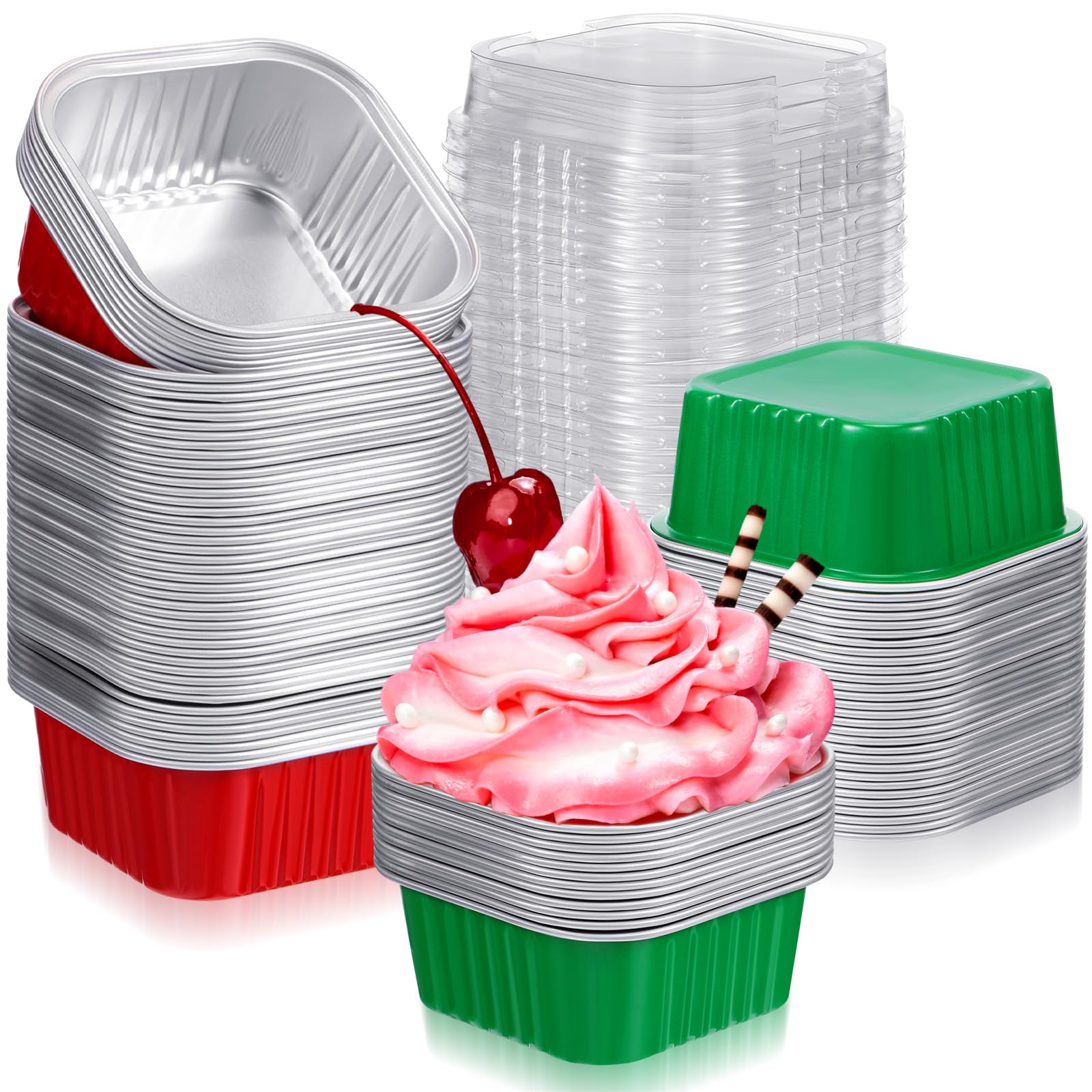Suttmin 100 Pcs Christmas Aluminum Cups Foil Cupcake Container with Lids 5 oz Xmas Square Foil Pan Holder Mini Disposable Ramekins Cake for Xmas Party(Red, Green, Plain)