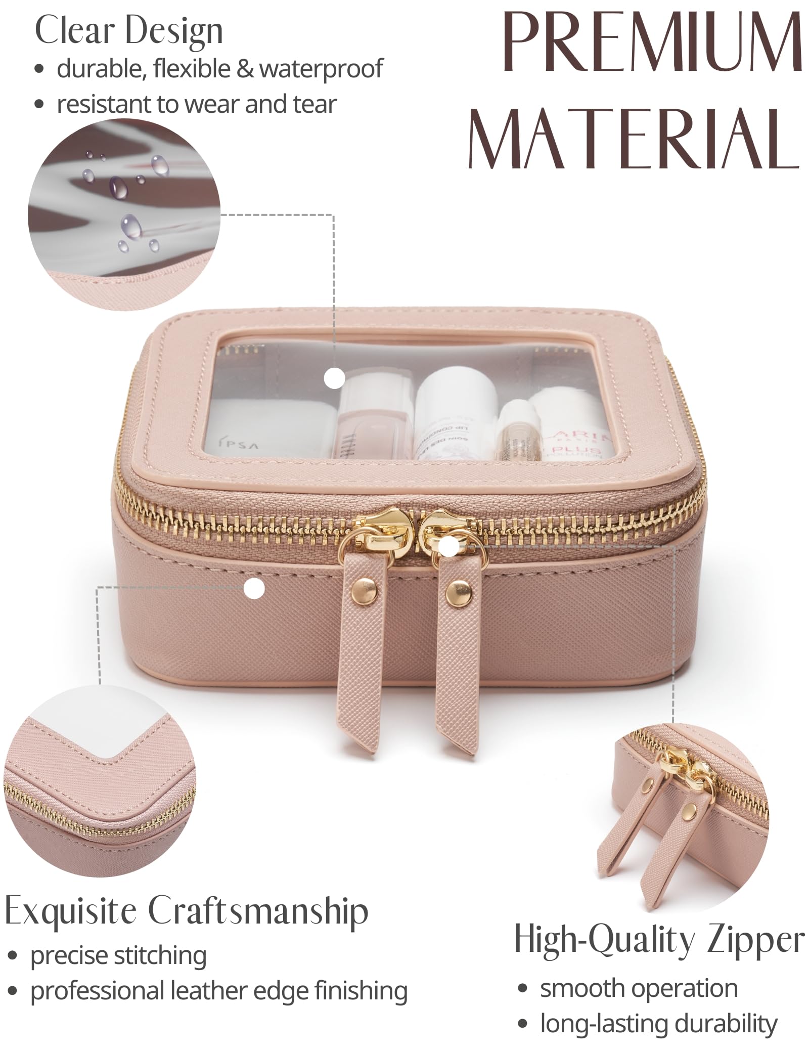 Small Makeup Bag for Purse Mini Cosmetic Bag Clear Pink Square Pouch for School Cute Leather Make Up Case Travel Organizer for Backpack Tiny Toiletry Bag with Zipper for Car Essentials Women Girls