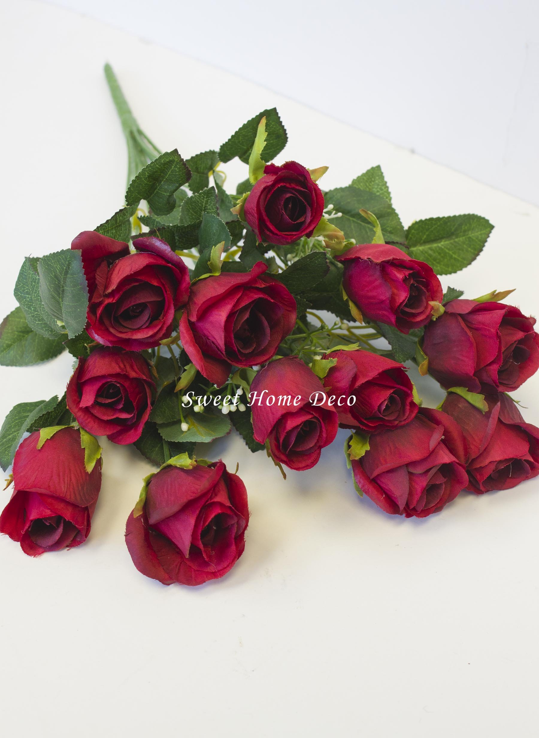 Sweet Home Deco 18'' Silk Rose Bud Artificial Flower Bush (12 Stems/12 Flowers) Wedding Home Decoration (Red)
