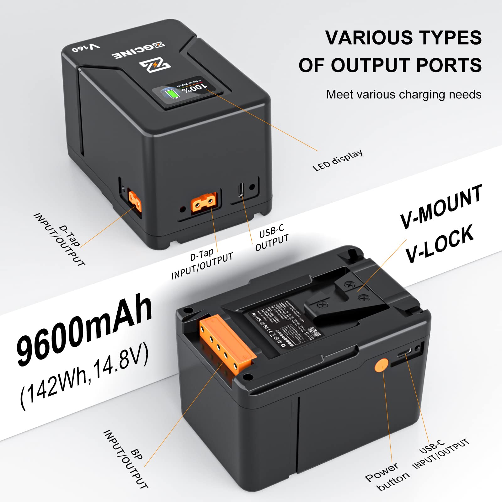 ZGCINE ZG-V160 V Mount V-Lock Battery with D-TAP,USB-C,BP Input & Output, USB-A & DC Output, Mini Power Bank for Cameras, Camcorders, LED Lights, Monitors and Smartphone