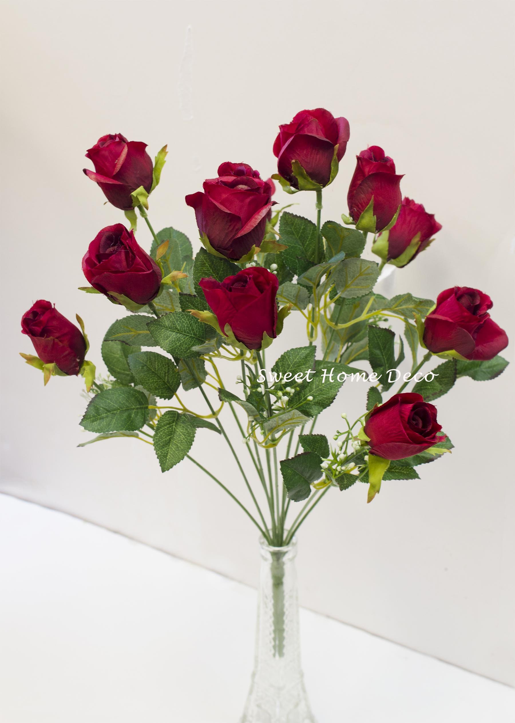 Sweet Home Deco 18'' Silk Rose Bud Artificial Flower Bush (12 Stems/12 Flowers) Wedding Home Decoration (Red)