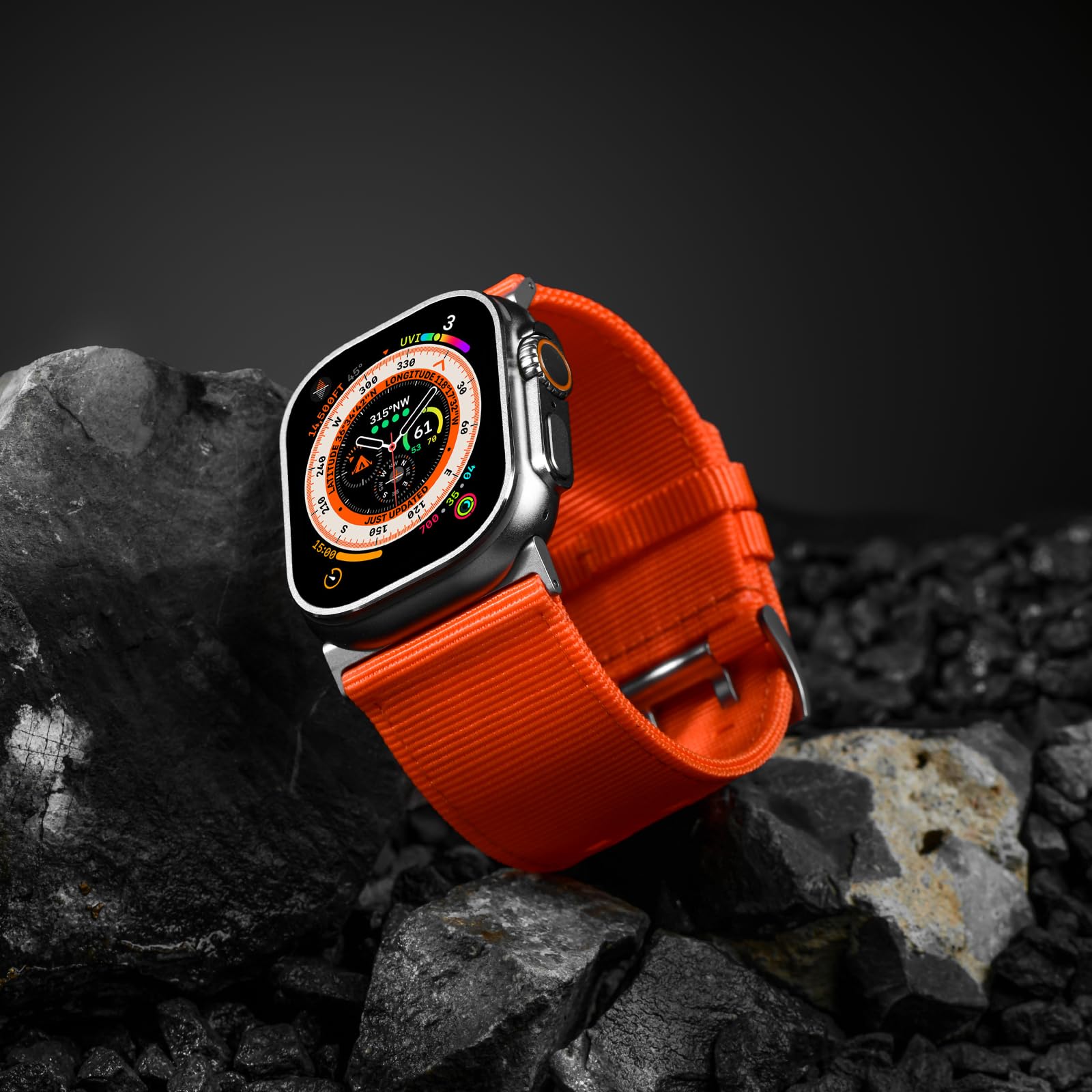 Tefeca Dual Series Band Compatible with Apple Watch Ultra 2/Ultra 49mm, Series 10 46mm, Series 9/8/7 45mm, SE2/SE/6/5/4 44mm (Orange Nylon with Silver Adapters, 49/46/45/44mm