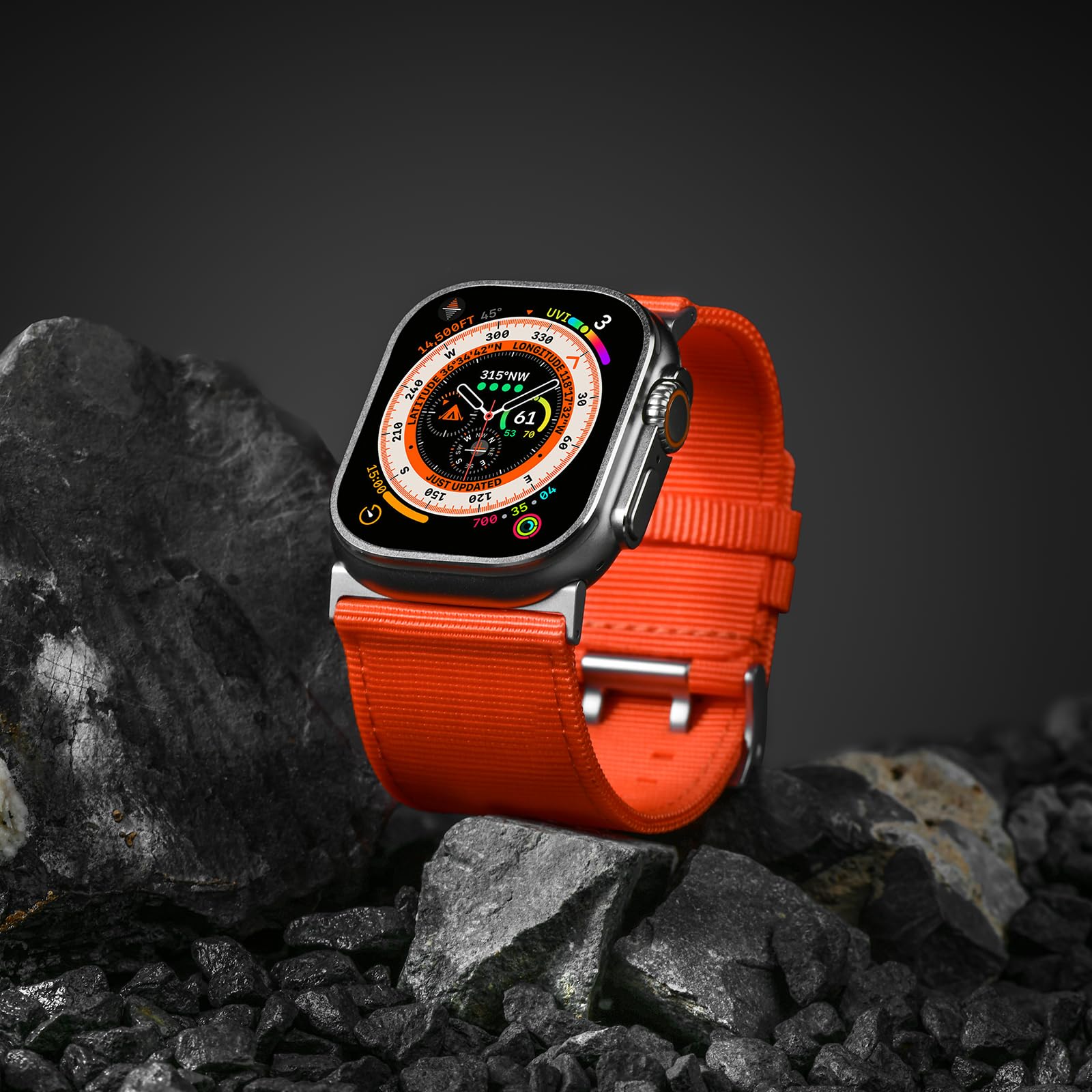 Tefeca Dual Series Band Compatible with Apple Watch Ultra 2/Ultra 49mm, Series 10 46mm, Series 9/8/7 45mm, SE2/SE/6/5/4 44mm (Orange Nylon with Silver Adapters, 49/46/45/44mm