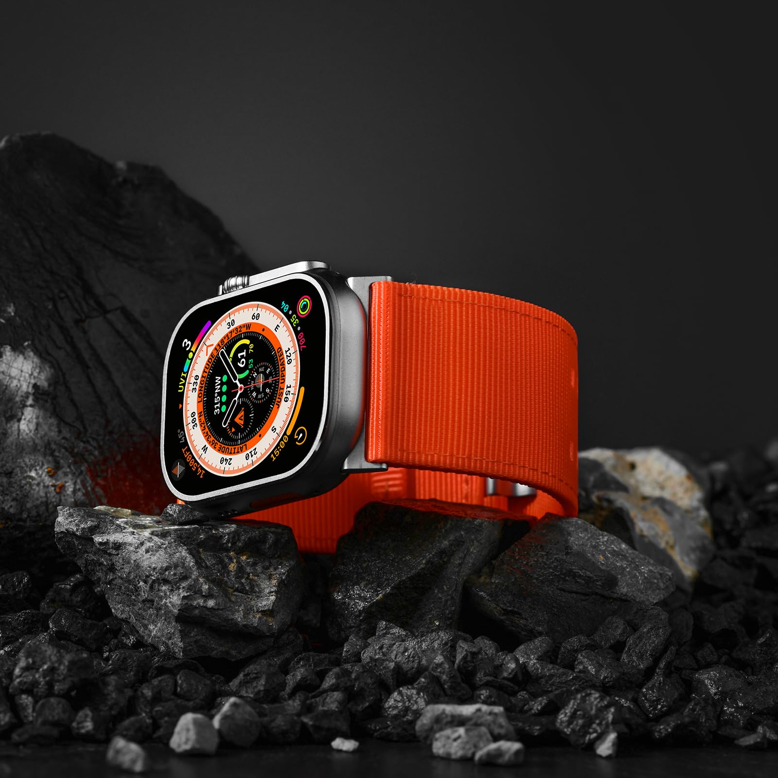 Tefeca Dual Series Band Compatible with Apple Watch Ultra 2/Ultra 49mm, Series 10 46mm, Series 9/8/7 45mm, SE2/SE/6/5/4 44mm (Orange Nylon with Silver Adapters, 49/46/45/44mm