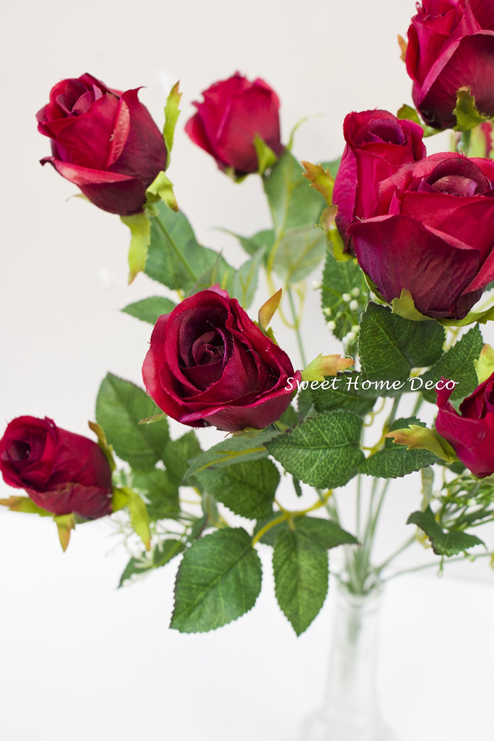 Sweet Home Deco 18'' Silk Rose Bud Artificial Flower Bush (12 Stems/12 Flowers) Wedding Home Decoration (Red)