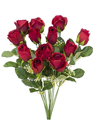 Sweet Home Deco 18'' Silk Rose Bud Artificial Flower Bush (12 Stems/12 Flowers) Wedding Home Decoration (Red)