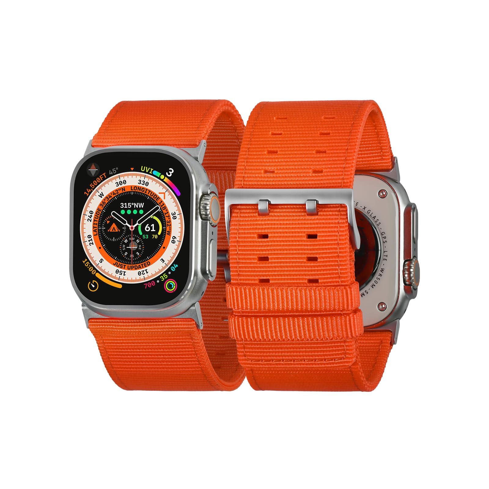 Tefeca Dual Series Band Compatible with Apple Watch Ultra 2/Ultra 49mm, Series 10 46mm, Series 9/8/7 45mm, SE2/SE/6/5/4 44mm (Orange Nylon with Silver Adapters, 49/46/45/44mm