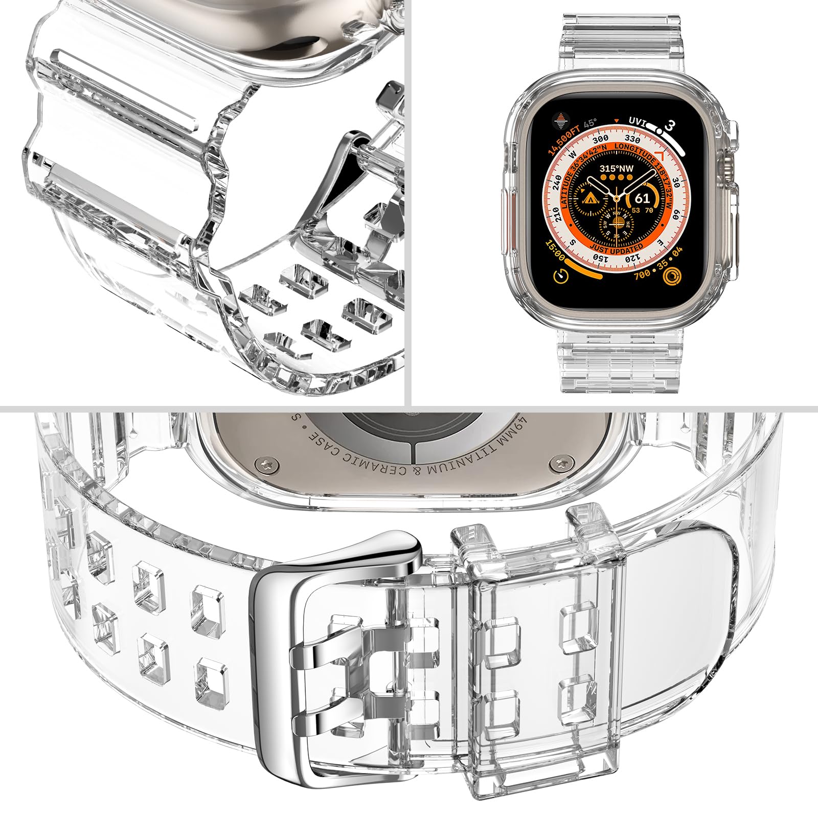 DABAOZA Compatible for Clear Apple Watch Band with Bumper Case 49mm, Women Men Glitter Bling TPU Sport Strap for iWatch SE Ultra Series 10 9 8 7 6 5 4 3 2 1(ClearCrysta,49)