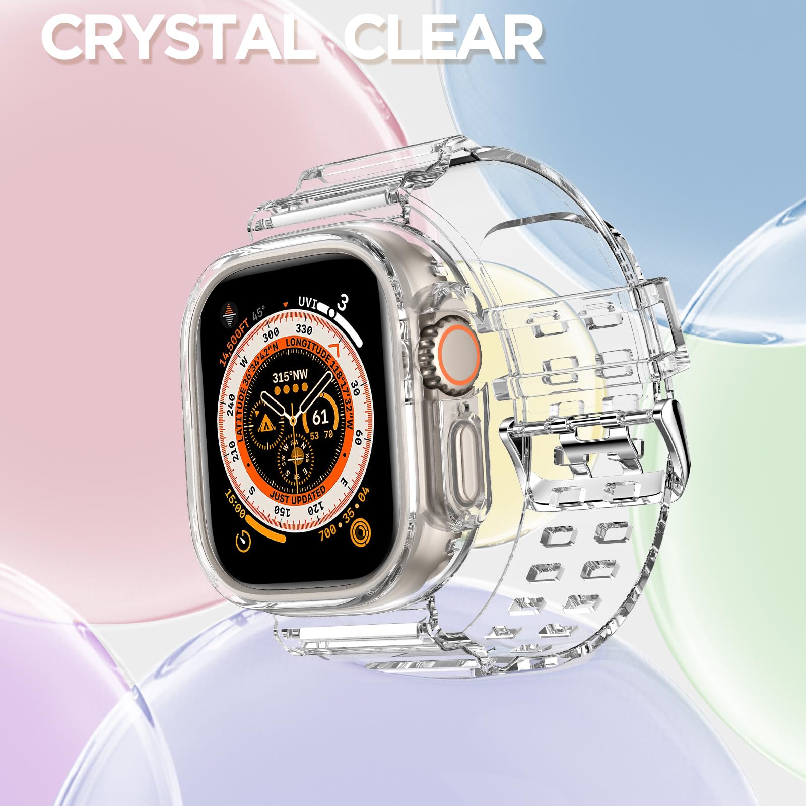 DABAOZA Compatible for Clear Apple Watch Band with Bumper Case 49mm, Women Men Glitter Bling TPU Sport Strap for iWatch SE Ultra Series 10 9 8 7 6 5 4 3 2 1(ClearCrysta,49)