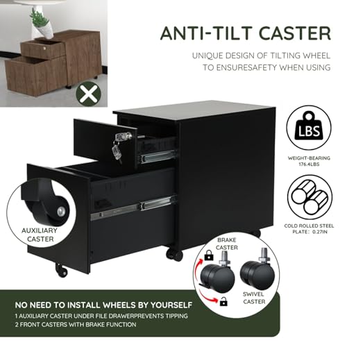 Daesar 2 Drawer Mobile File Cabinet with Lock Metal Filing Cabinet for Legal/Letter/A4/F4 Size, Fully Assembled Include Wheels, Home/Office Design, Black